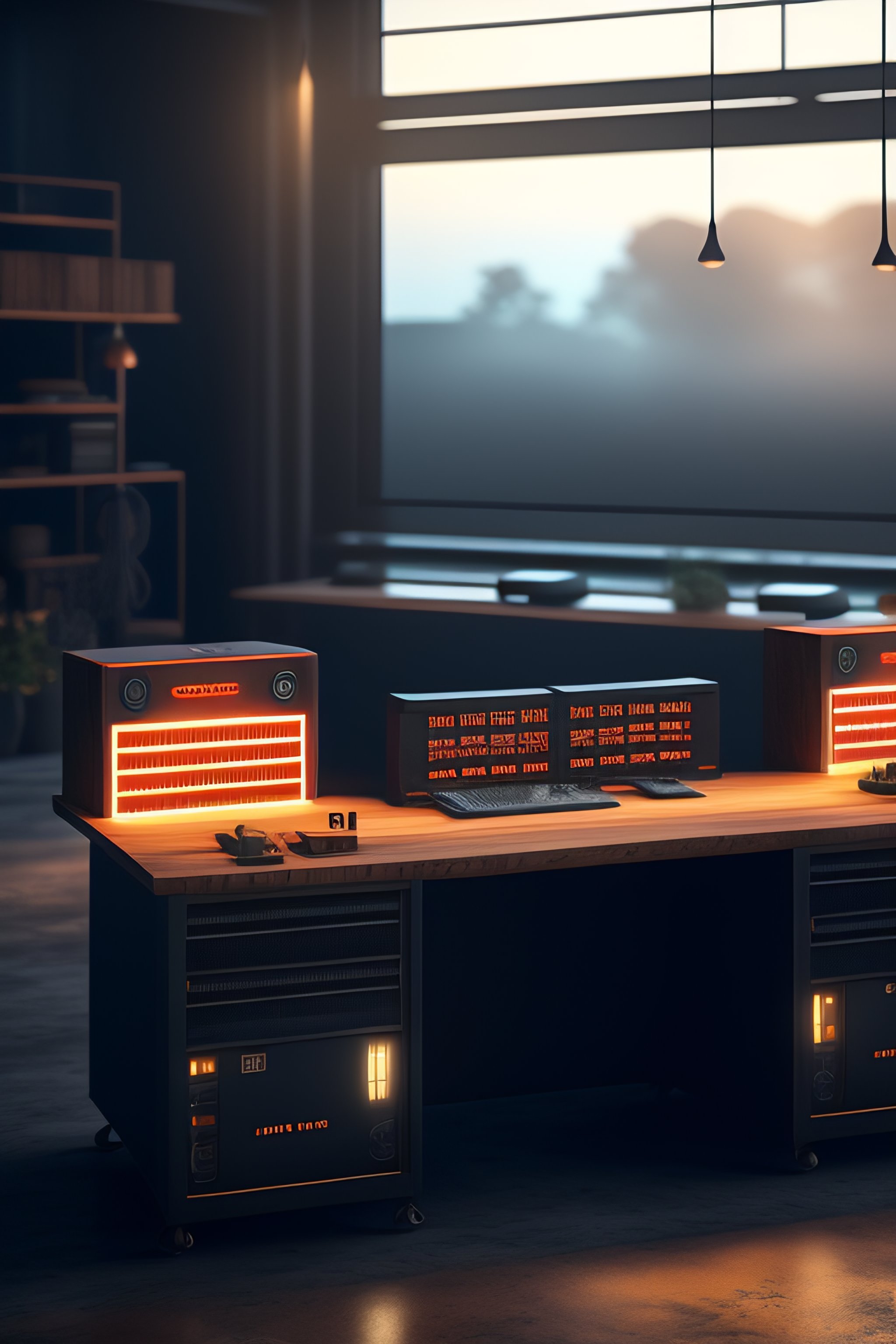 Lexica - A dark industrial wood desk with control panel on the side ...