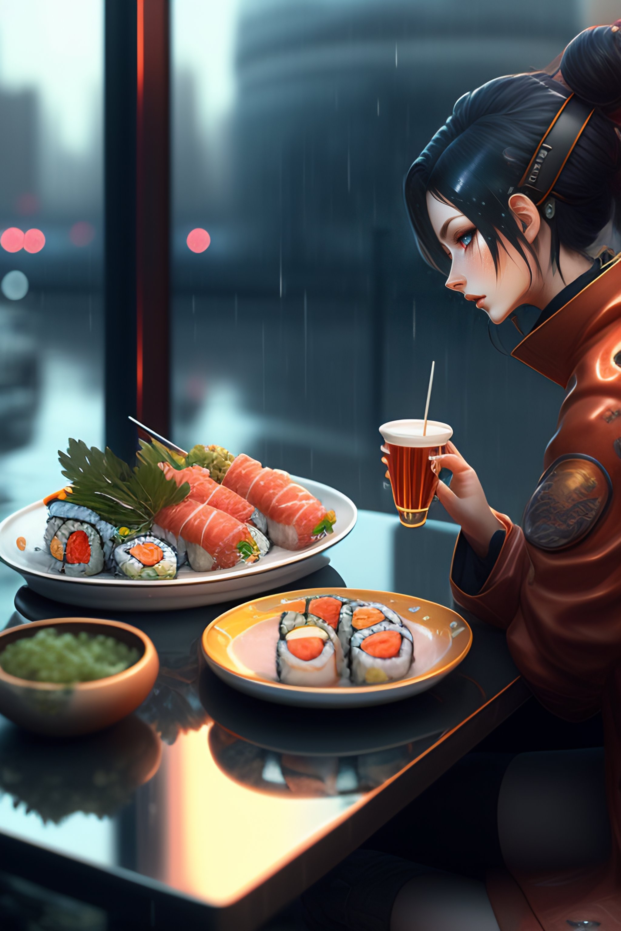 Lexica - A group of cyberpunk cyborg eating sushi on a table outside in the rain, art by Range ...