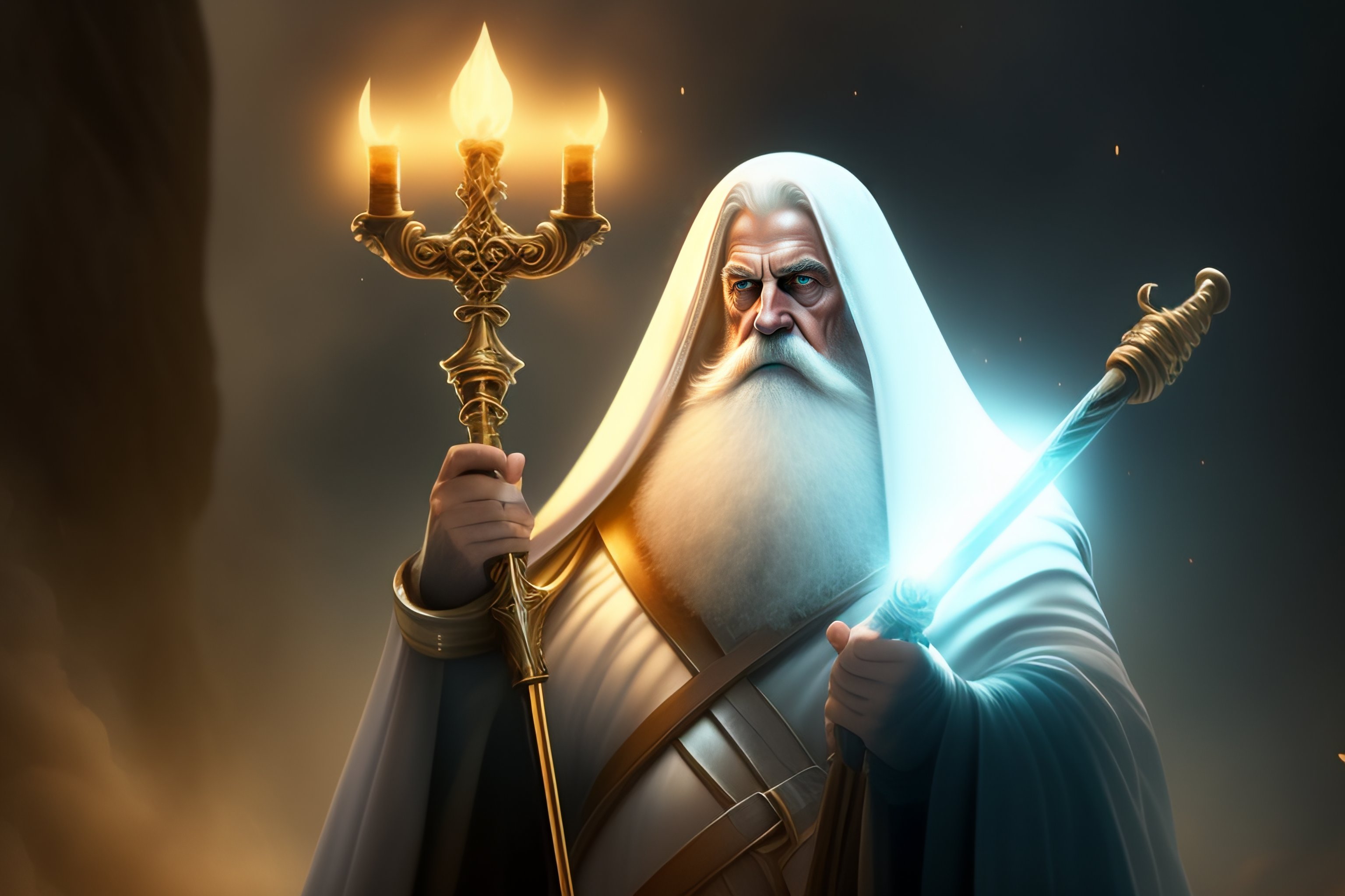 Lexica - One Greek wizard in dark robe hold a staff that has a white ...