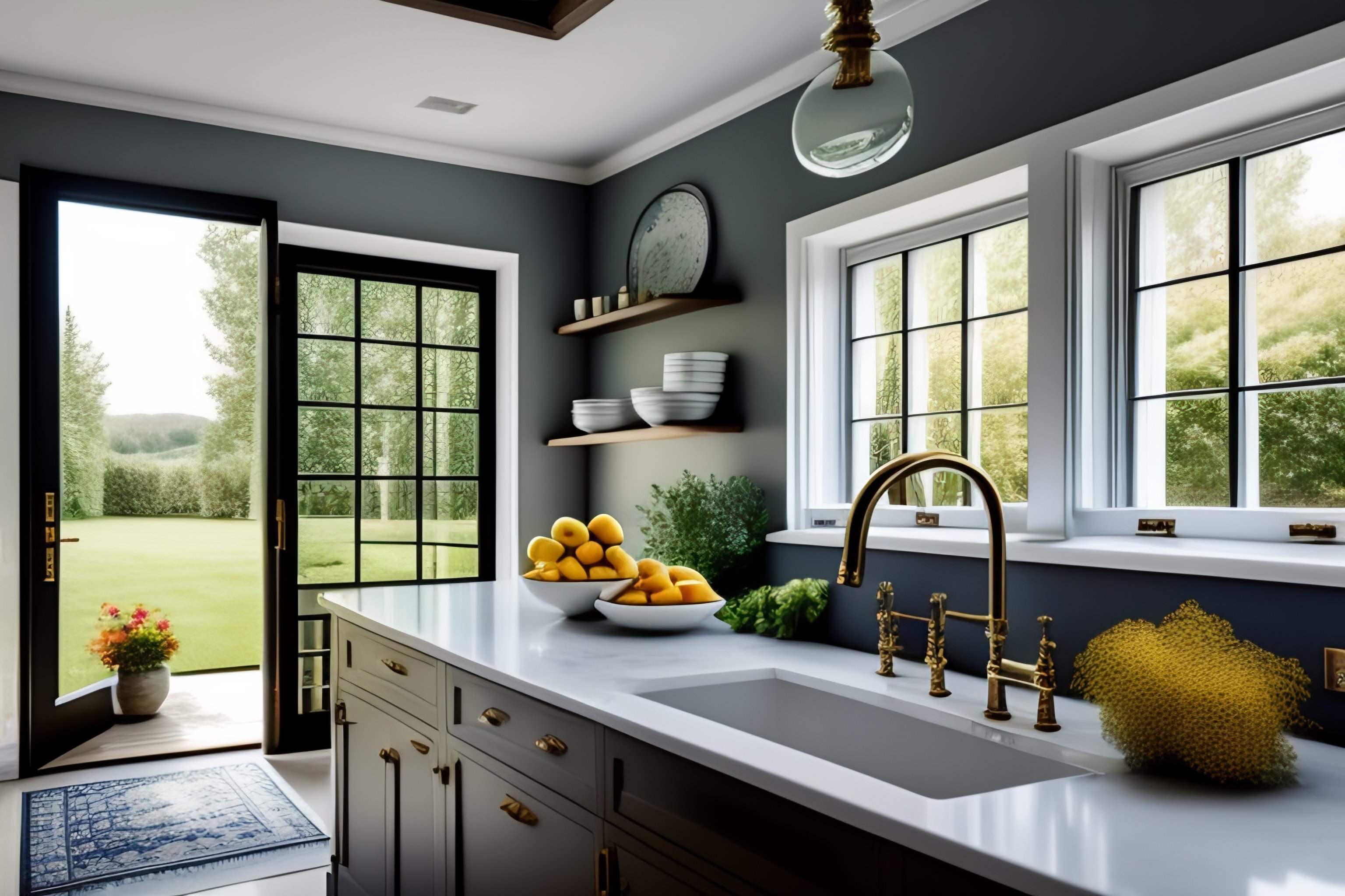 Lexica - Luxurious white kitchen farmhouse, big open windows ...