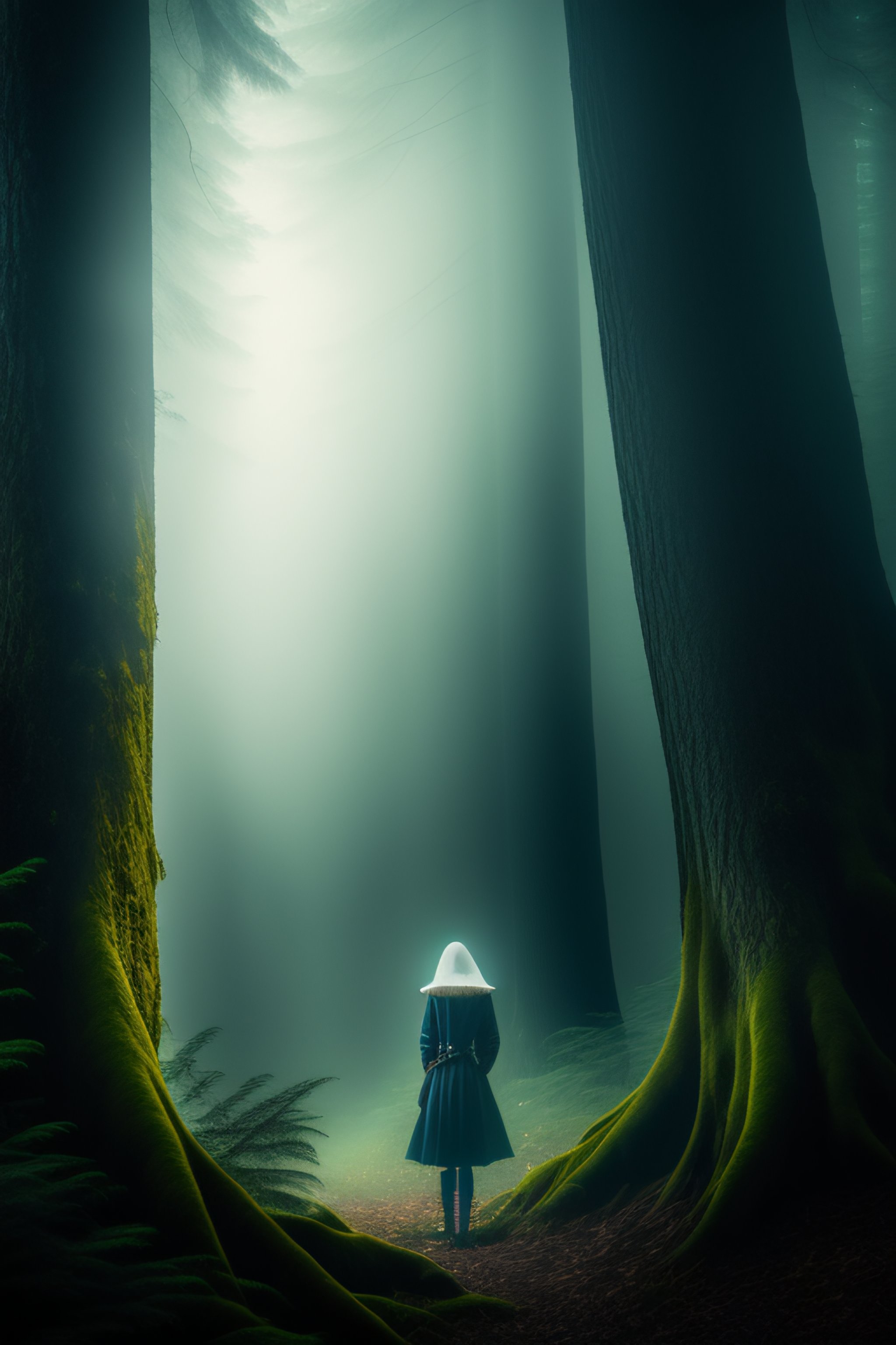 Lexica - Ghostly girl peeking from behind a tree in a dark foggy forest