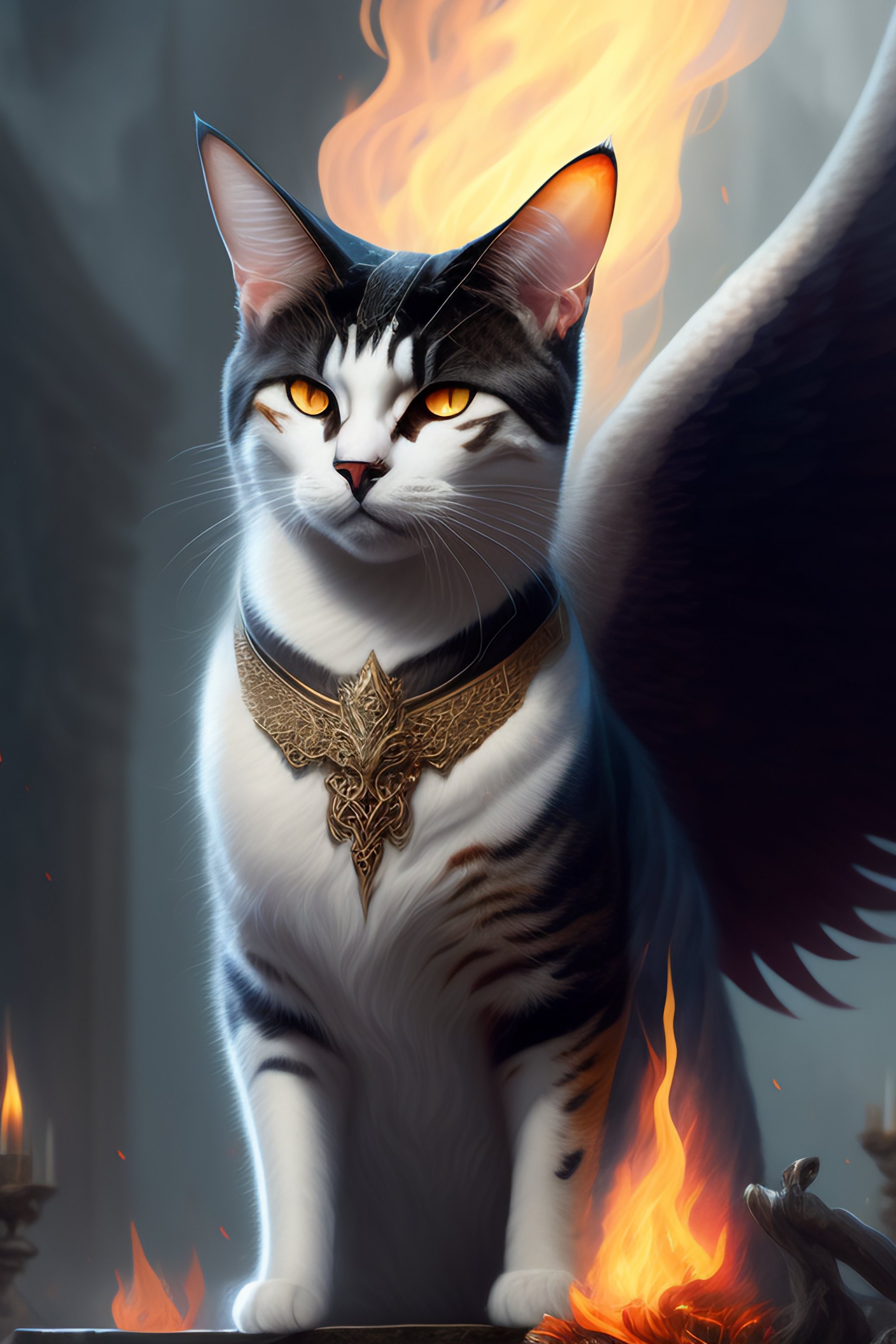 Lexica - A detailed full body portrait of a witch demon tabby white cat ...