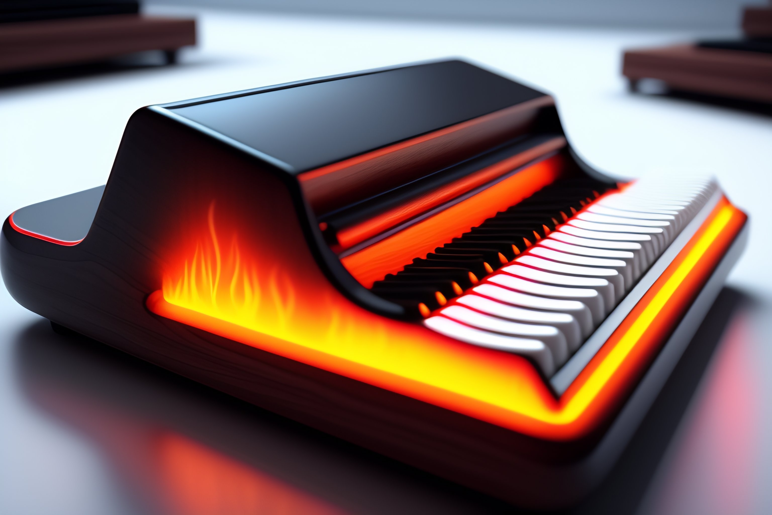 Lexica - Epic white keyboard piano, 4 wooden legs with flames, neon ...