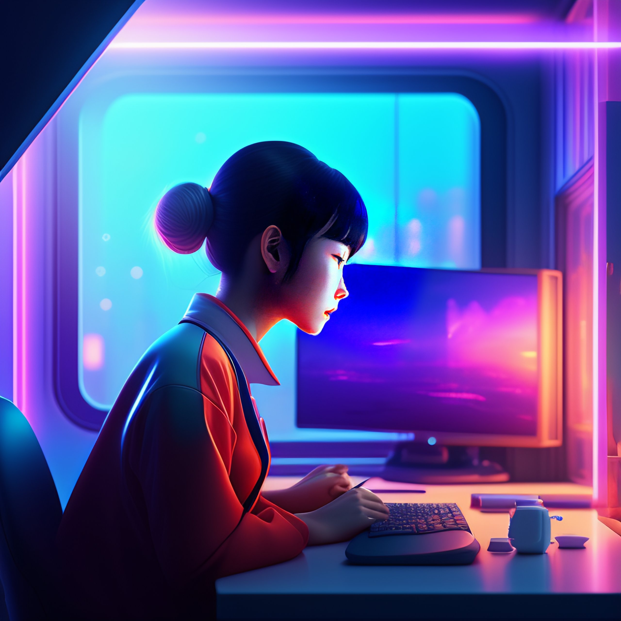 Lexica - A girl working on a computer in a small room with a big window ...