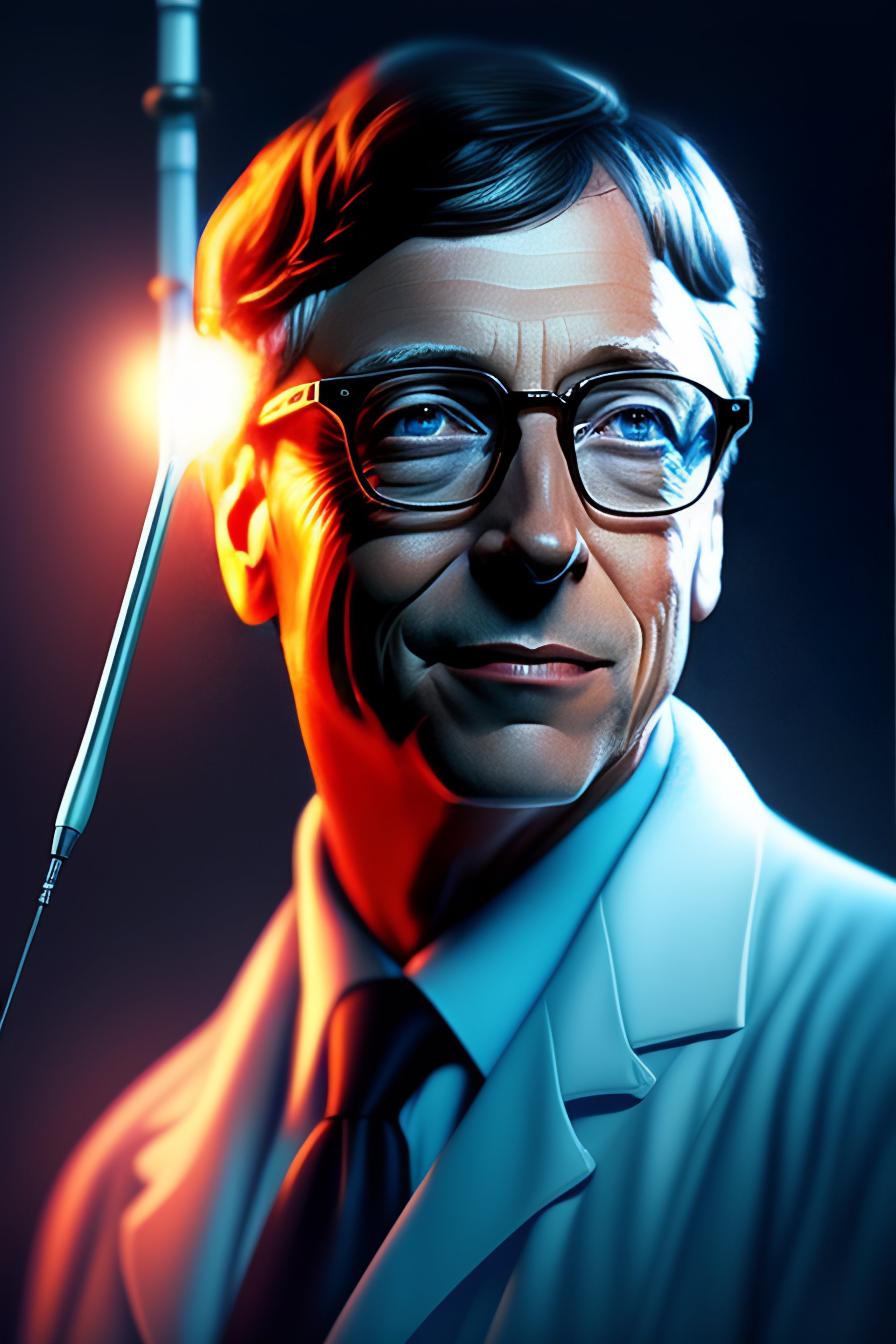 Lexica - Bill Gates, Lab Coat, Holding Needle, Looking Evil, Cinematic ...