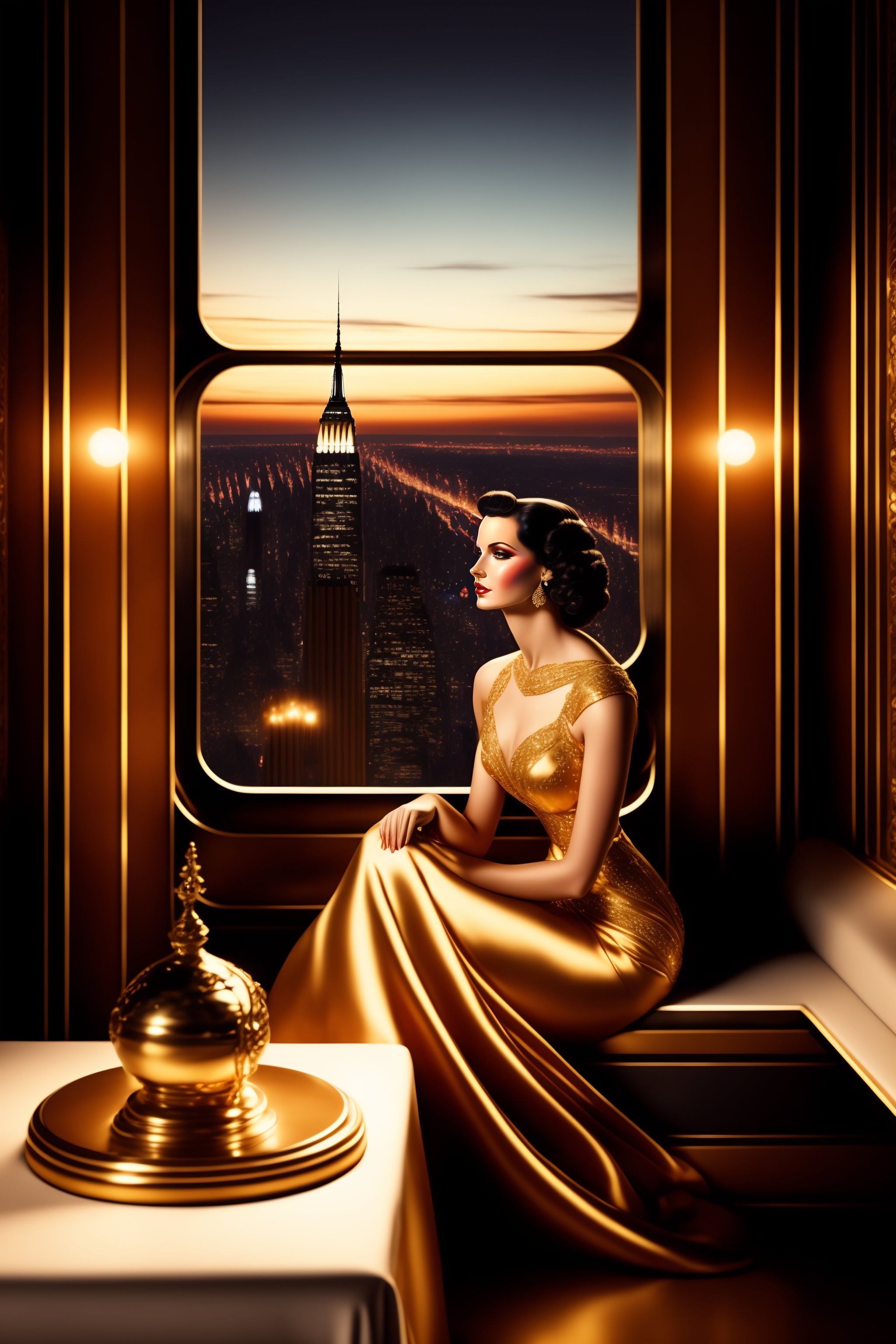 Lexica - Night view inside an art deco ornamented dispatch with a woman ...