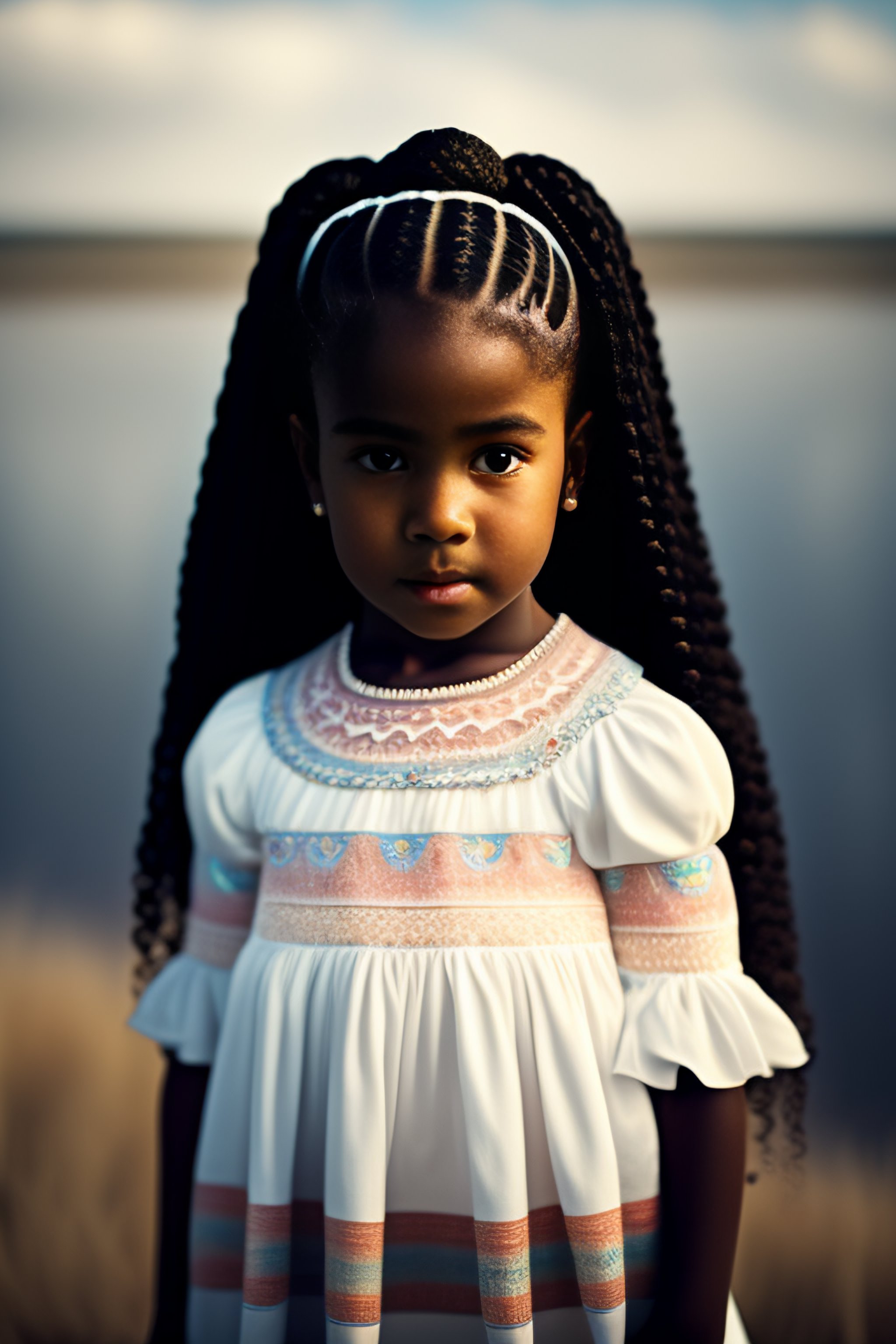 Lexica - Young ,dark skin, child, [[[white dress]]], tiny braids ...