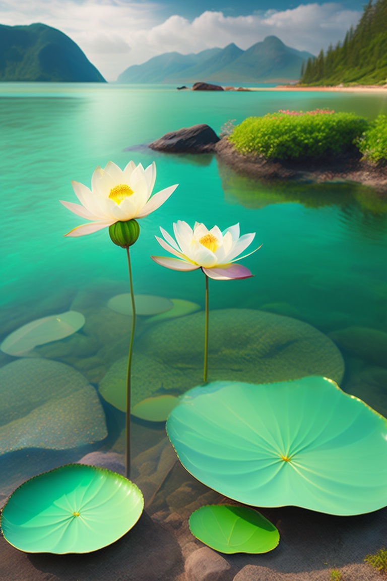 Lexica - Calm emerald sea, large lotus flowers on the shore
