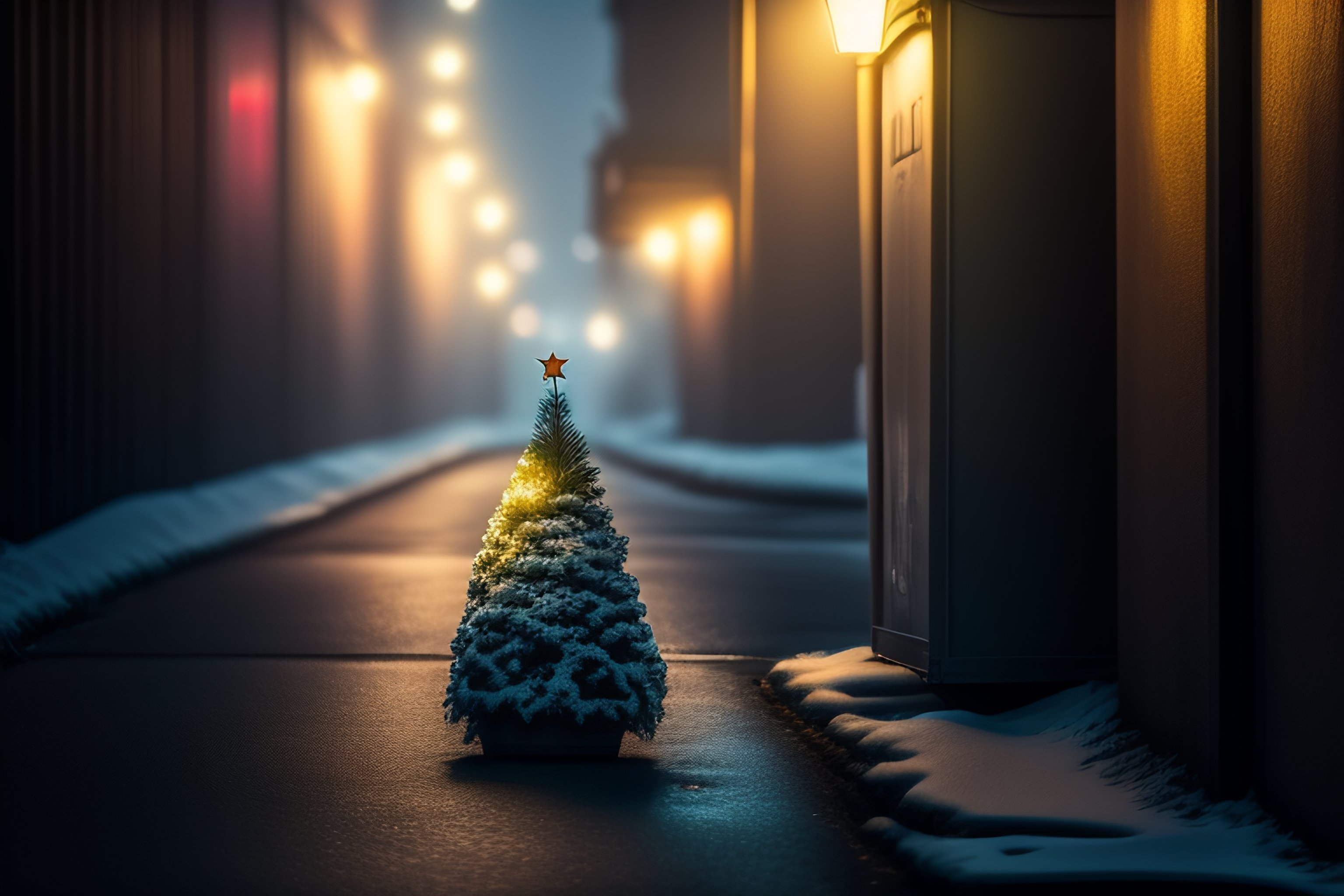 Lexica - Photorealistic image of Lonely christmas tree in a dark misty ...