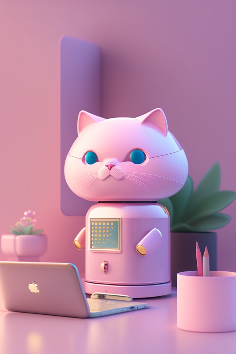 Lexica - Soft Pink cat robot working on a smartphone, office background