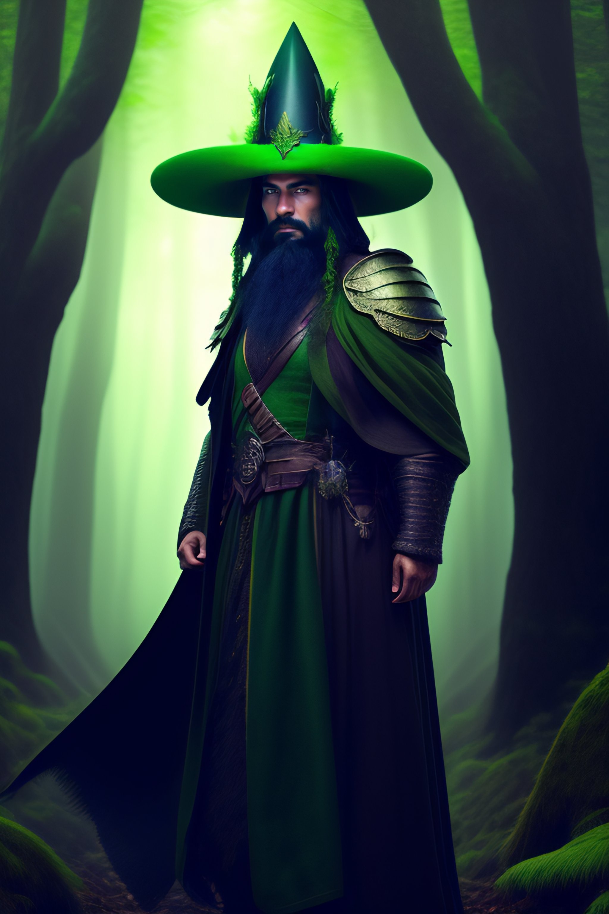 Lexica - A forest wizard, gloomy and dark, with a large hat, armor, his ...