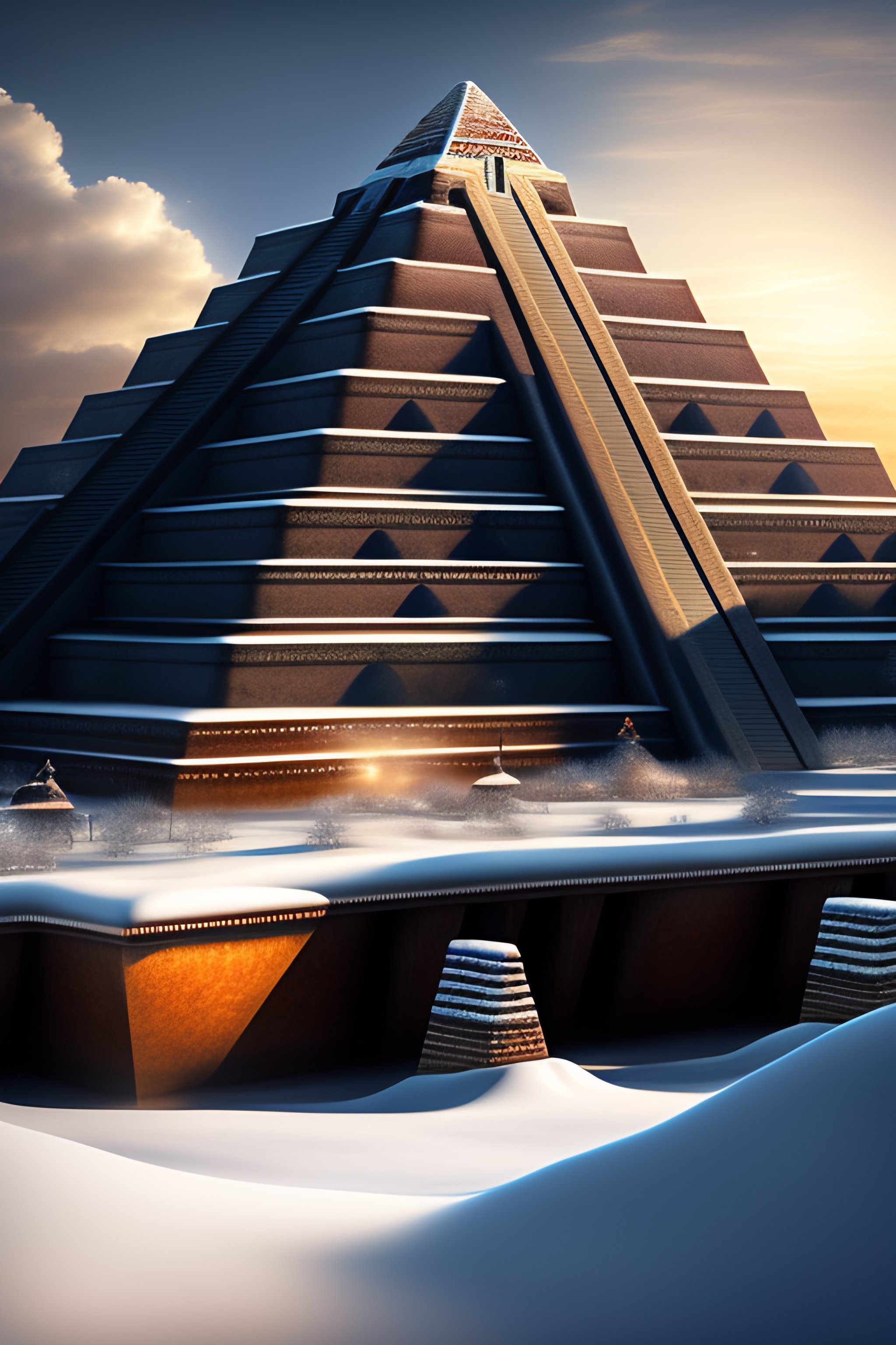 Lexica - Aztec pyramids in the snow realistic photo