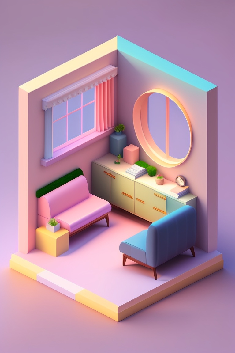 Lexica - Cube cutout of an isometric living room, 3d art, pastel colors ...
