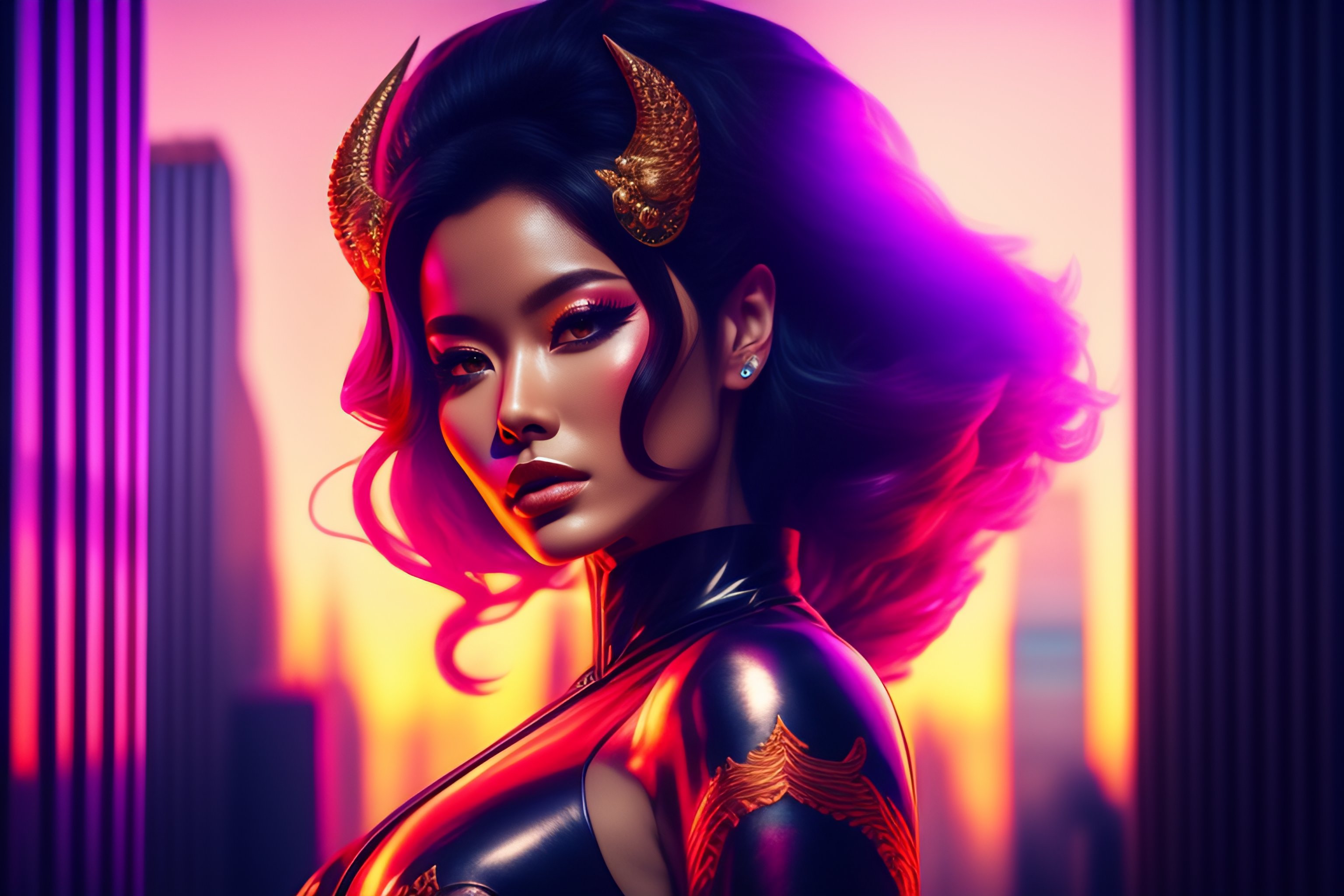 Lexica - Full Body Devil Woman floating on a city backgorund, anime ...