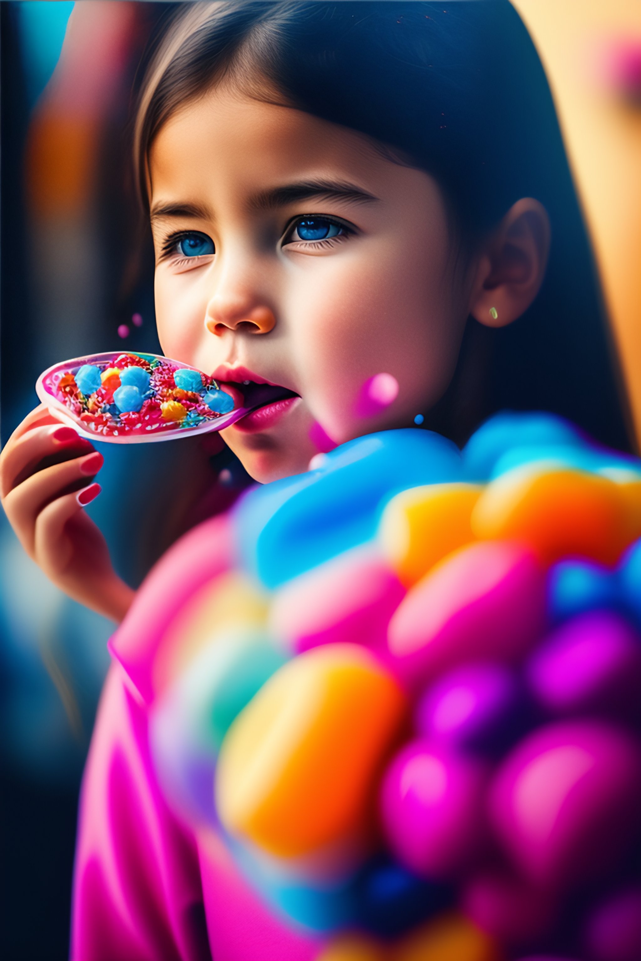 Lexica - A girl eating candy with blue and pink hear