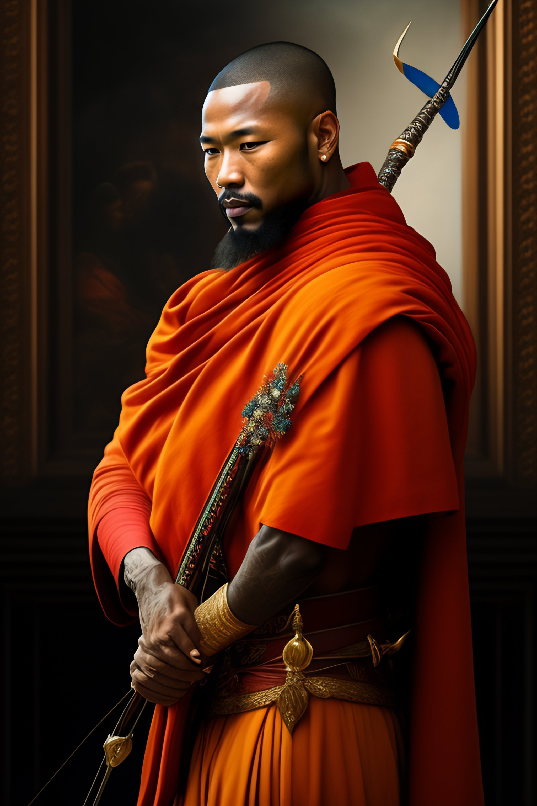 Lexica - Portrait of a monk with bulletproof holding a bow and arrow