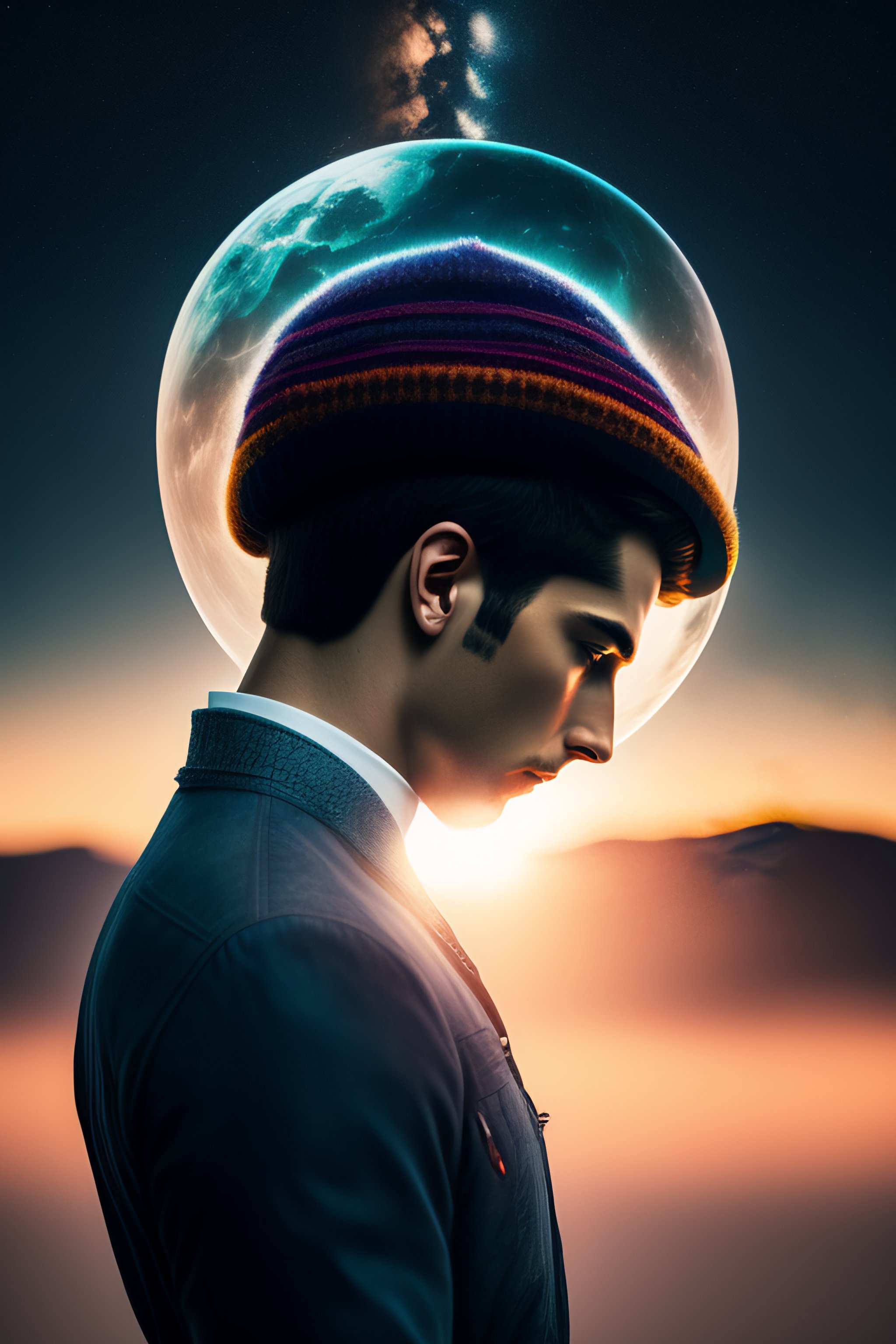 Lexica - Futuristic picture of a headless man holding his head in hand ...