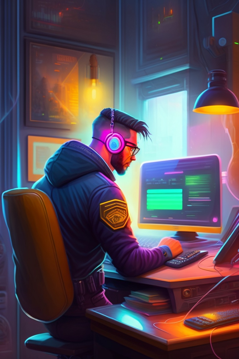 Lexica - A vibrant artstation illustration of a tech savy man typing ...