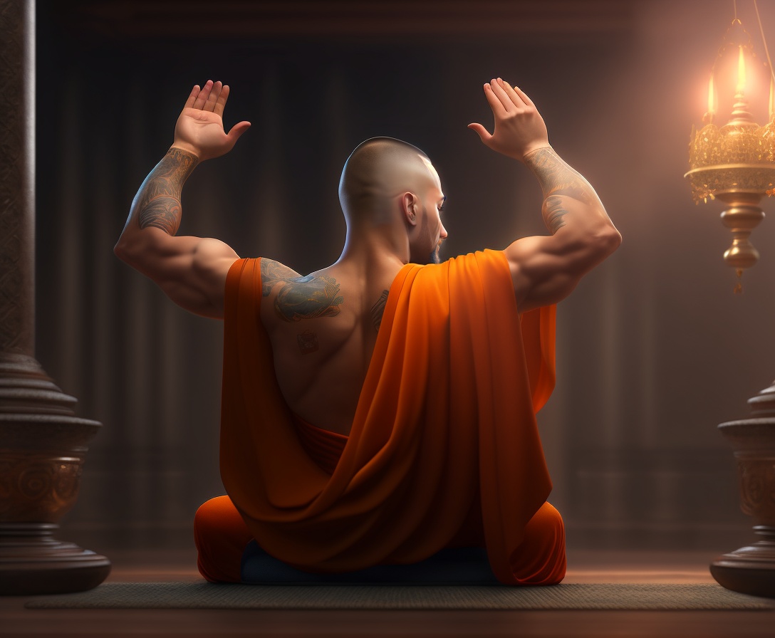 Lexica - Meditation with hands above head, monk robe and tattoos ...