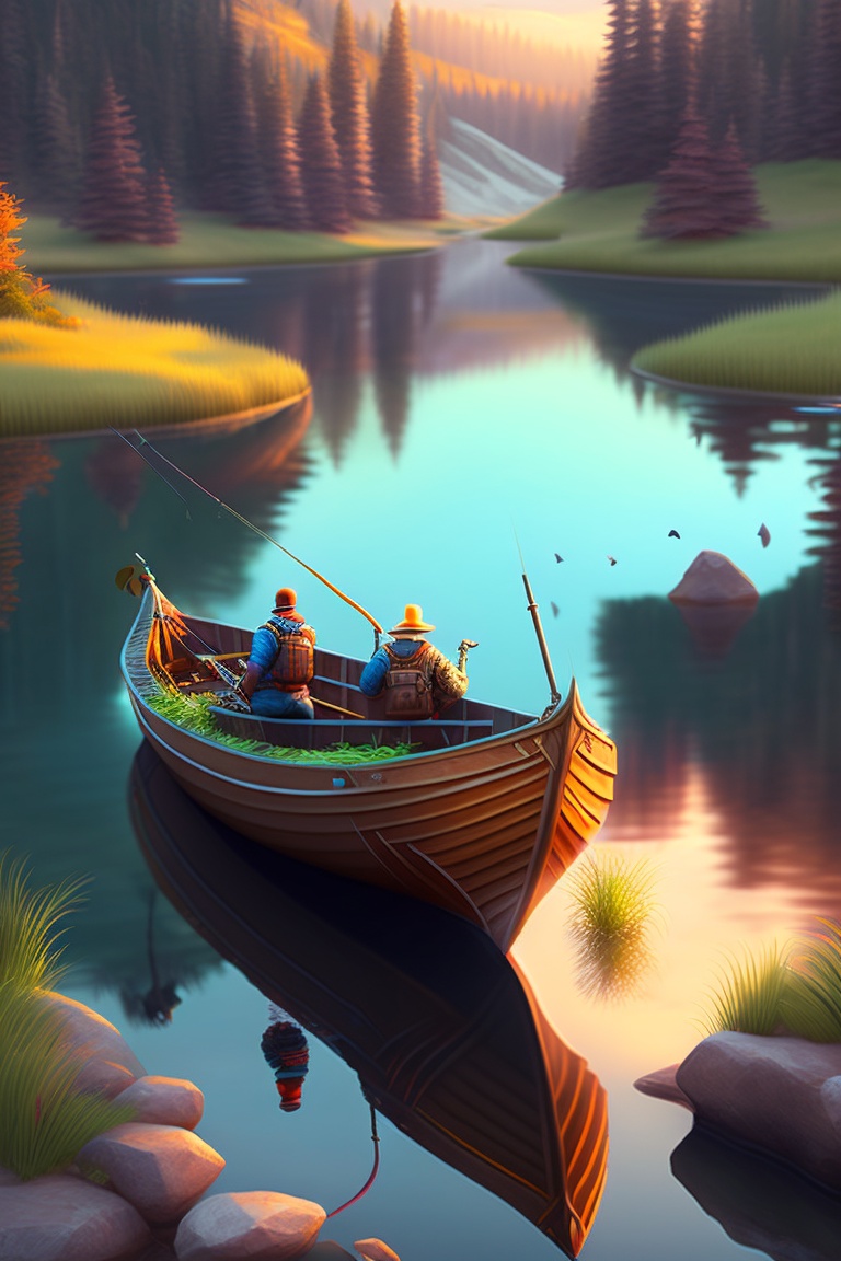Lexica - 2 friends with fishing rods in a boat fishing in a hidden ...