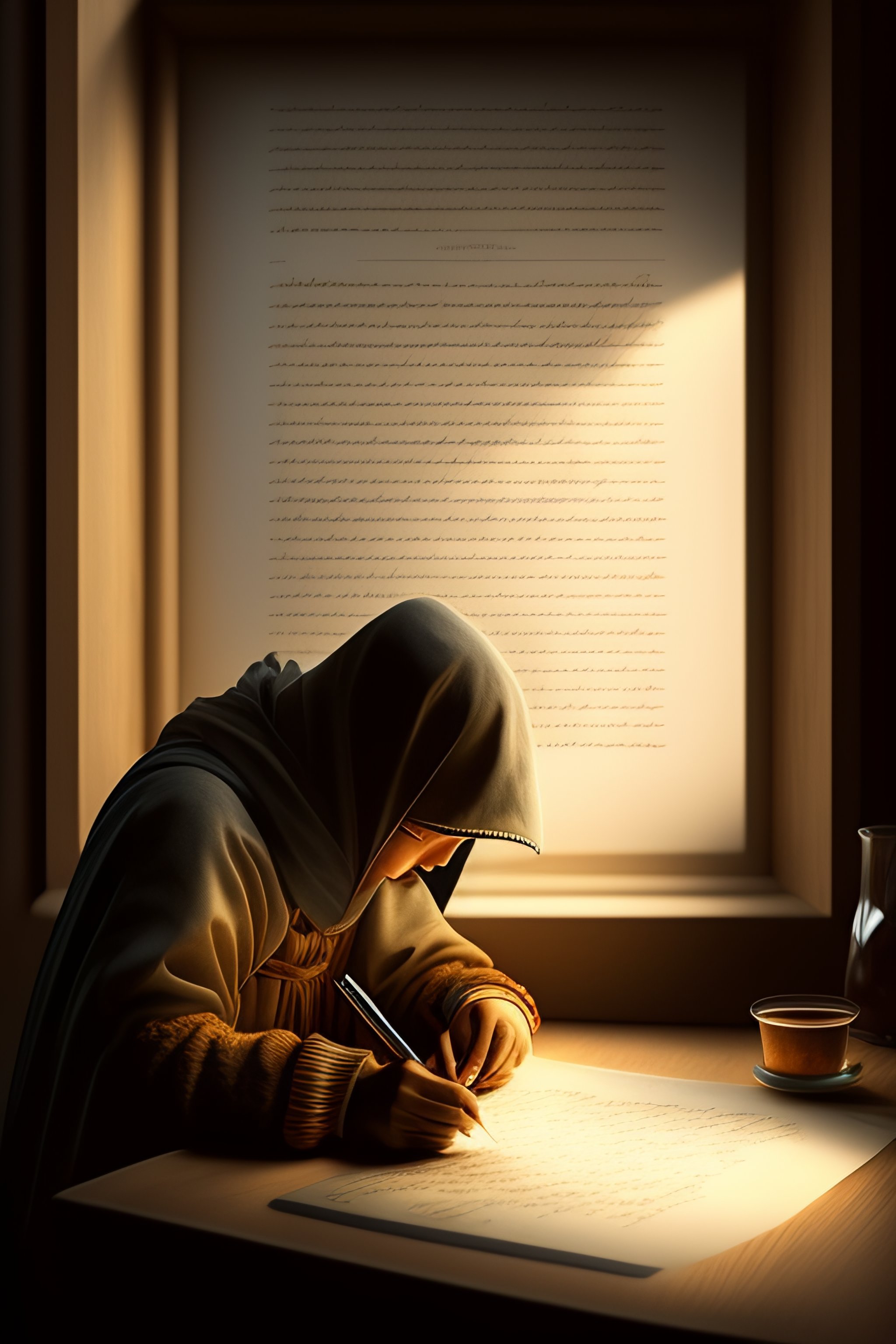 Lexica - A sad humanoid alien writing on a piece of parchment