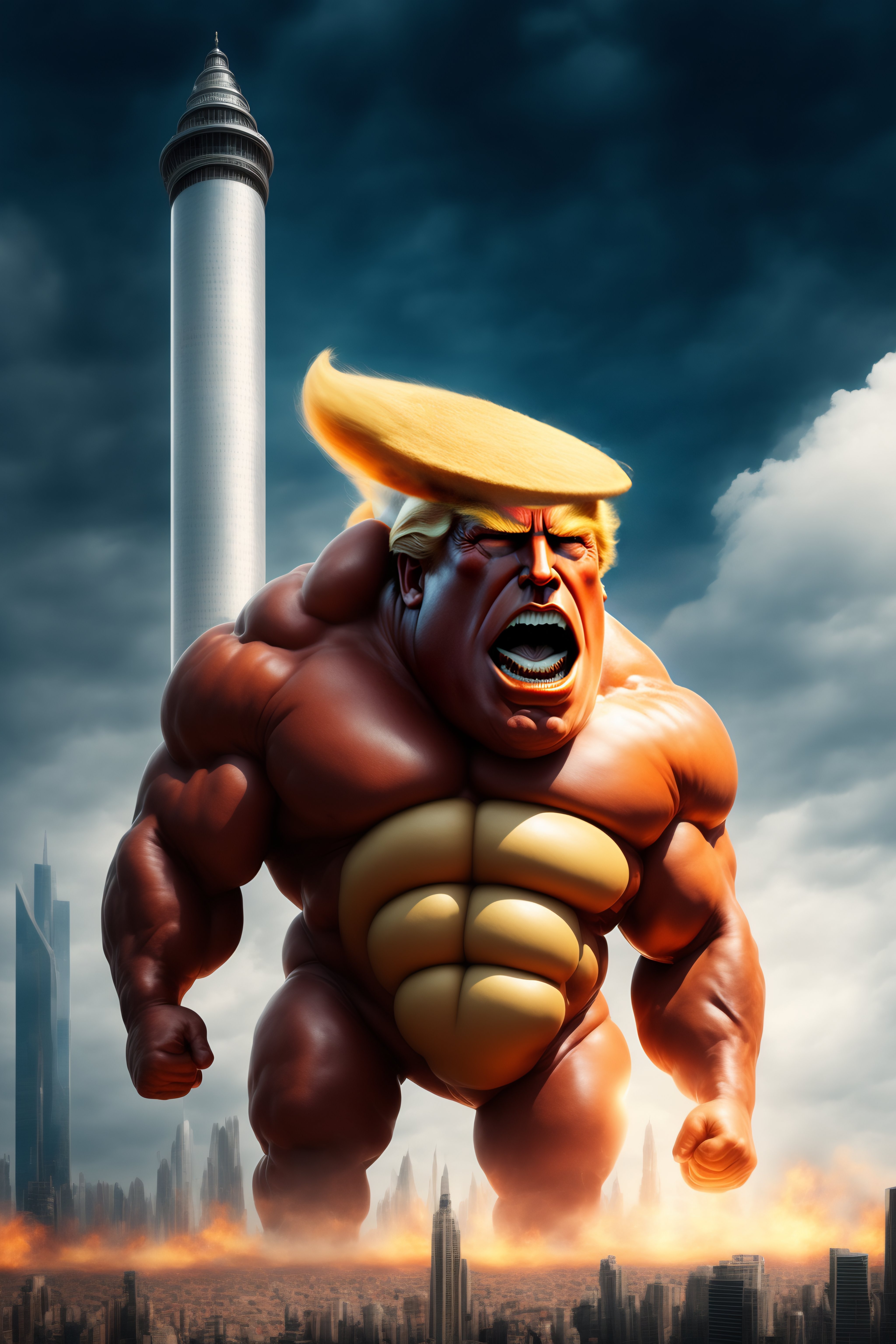 Lexica - Donald Trump depicted as a giant monster destroying a city