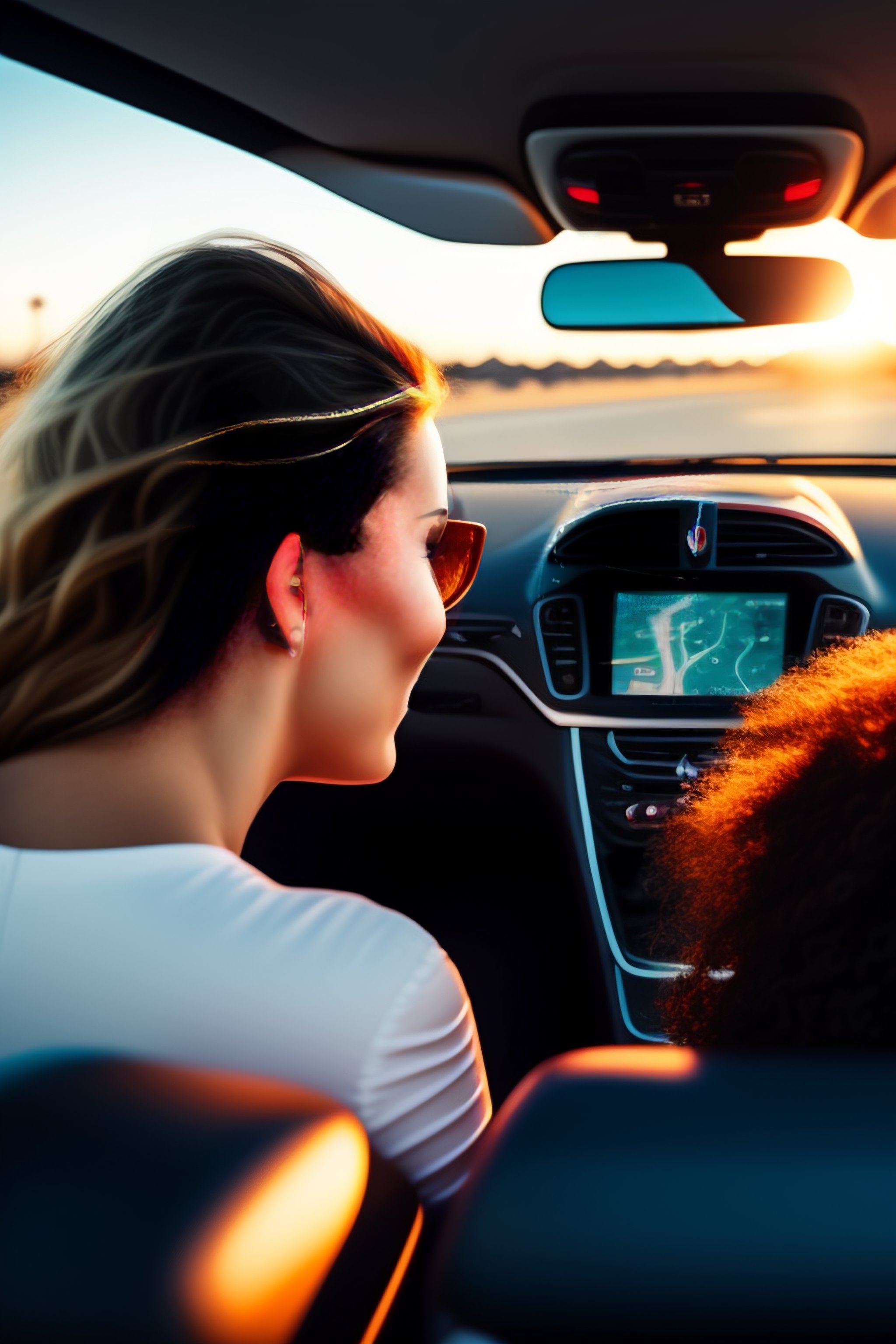 Lexica - Back of two women's heads driving in a car on the freeway