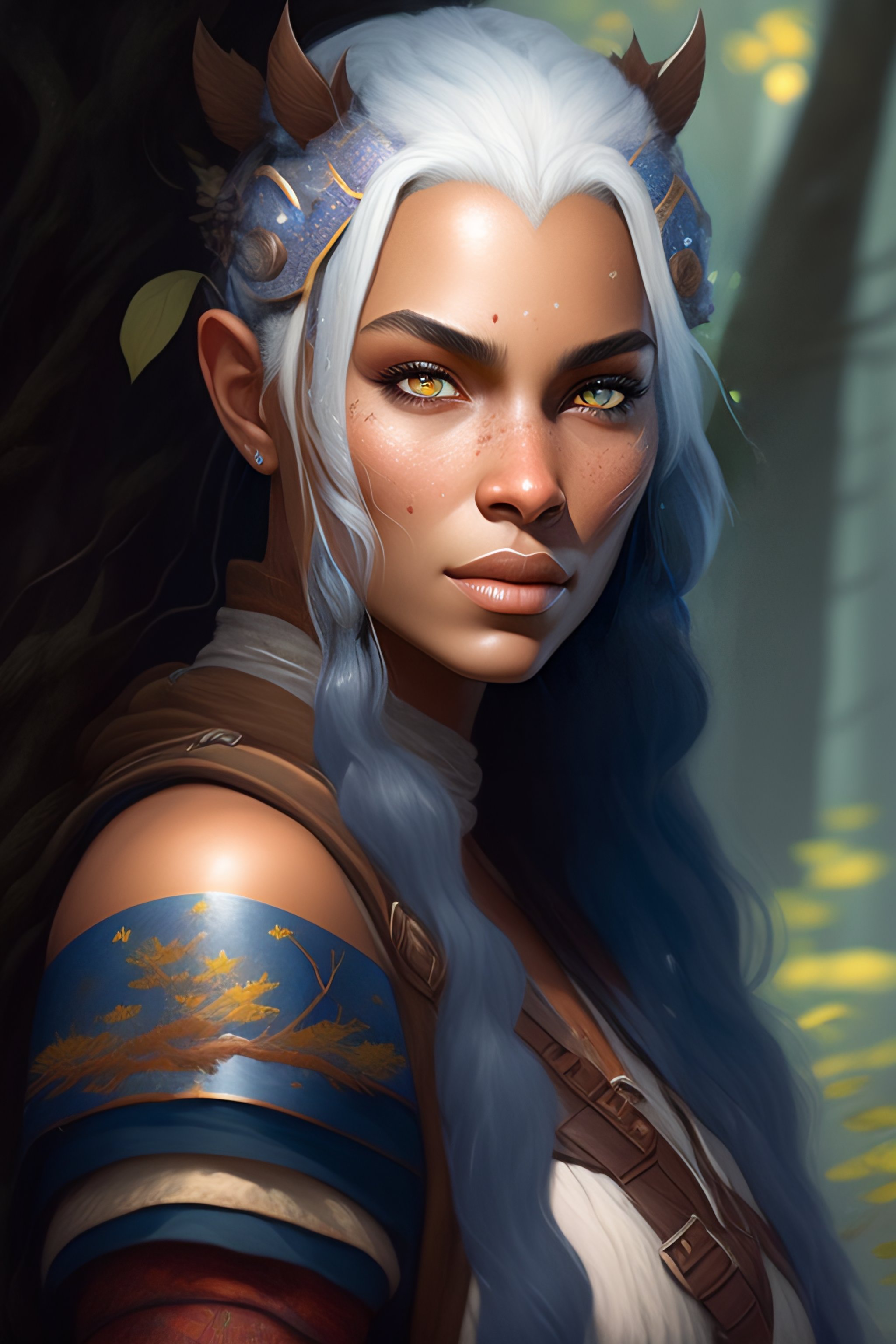 Lexica - A short female, dwarf, druid, gray hair, face scars, pínk eye ...