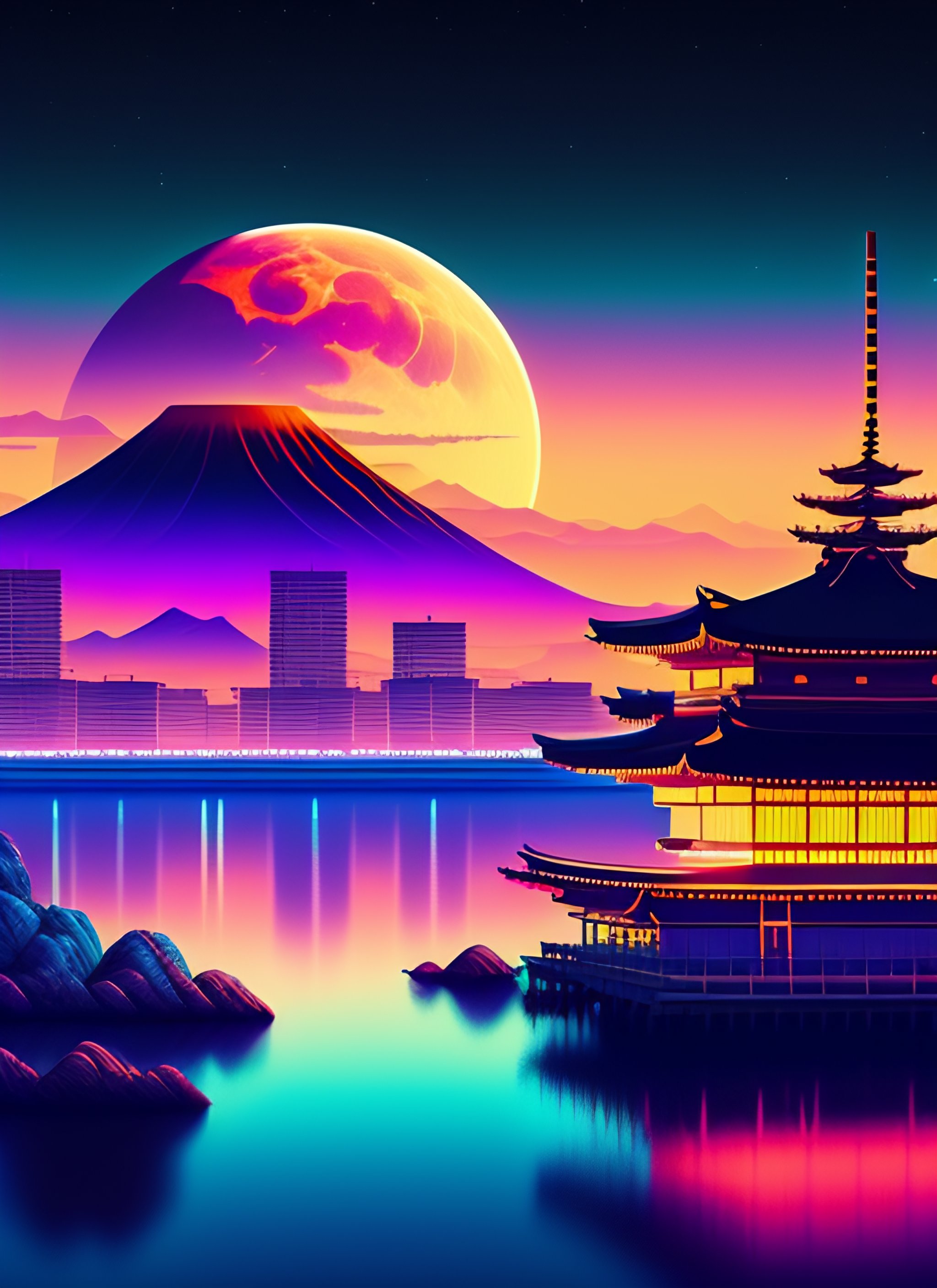 Lexica - Synthwave japanese town with moon background, sharp focus,