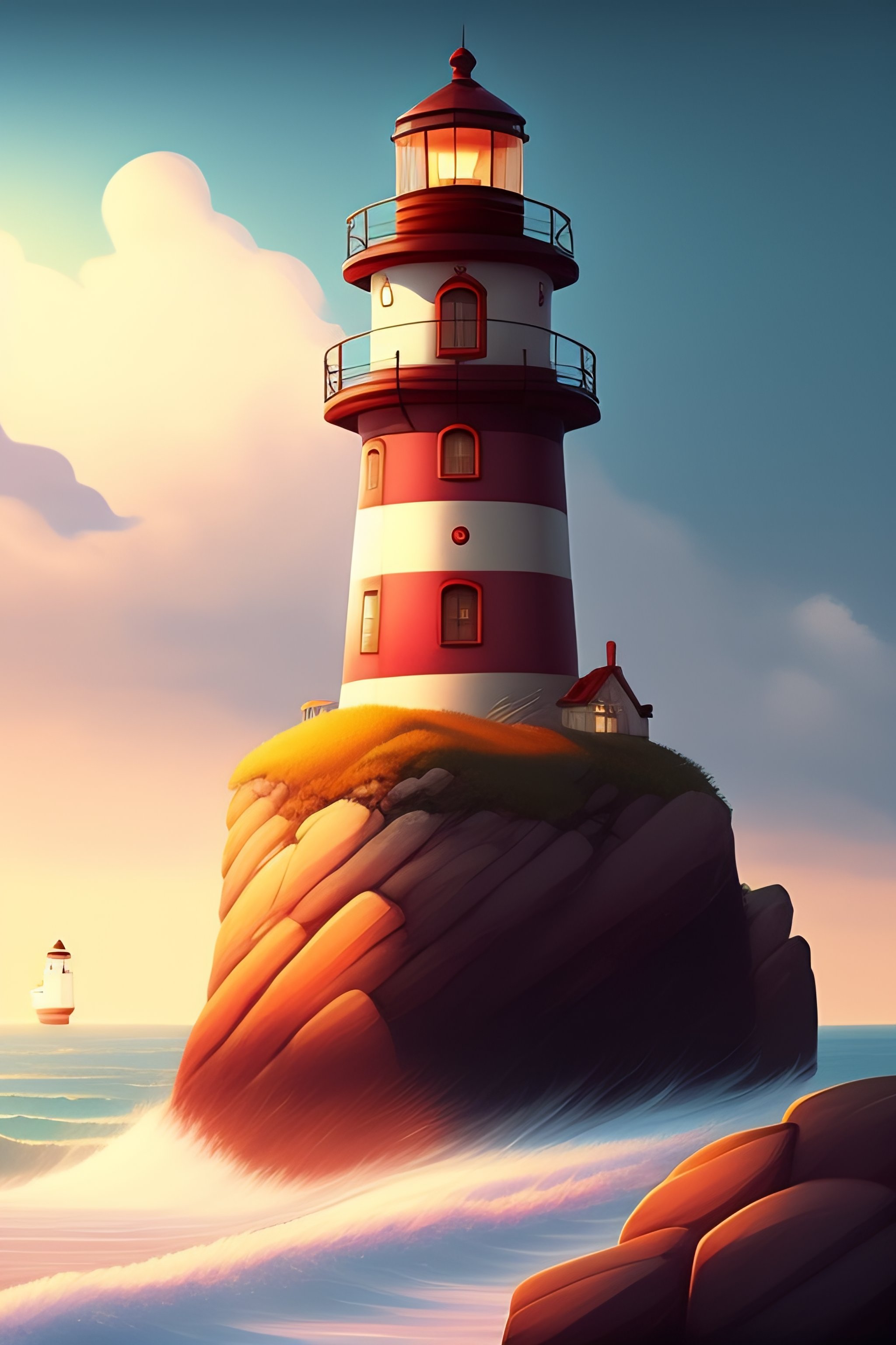 Lexica - Beautiful cute cozy lighthouse by the sea, golden warm light ...
