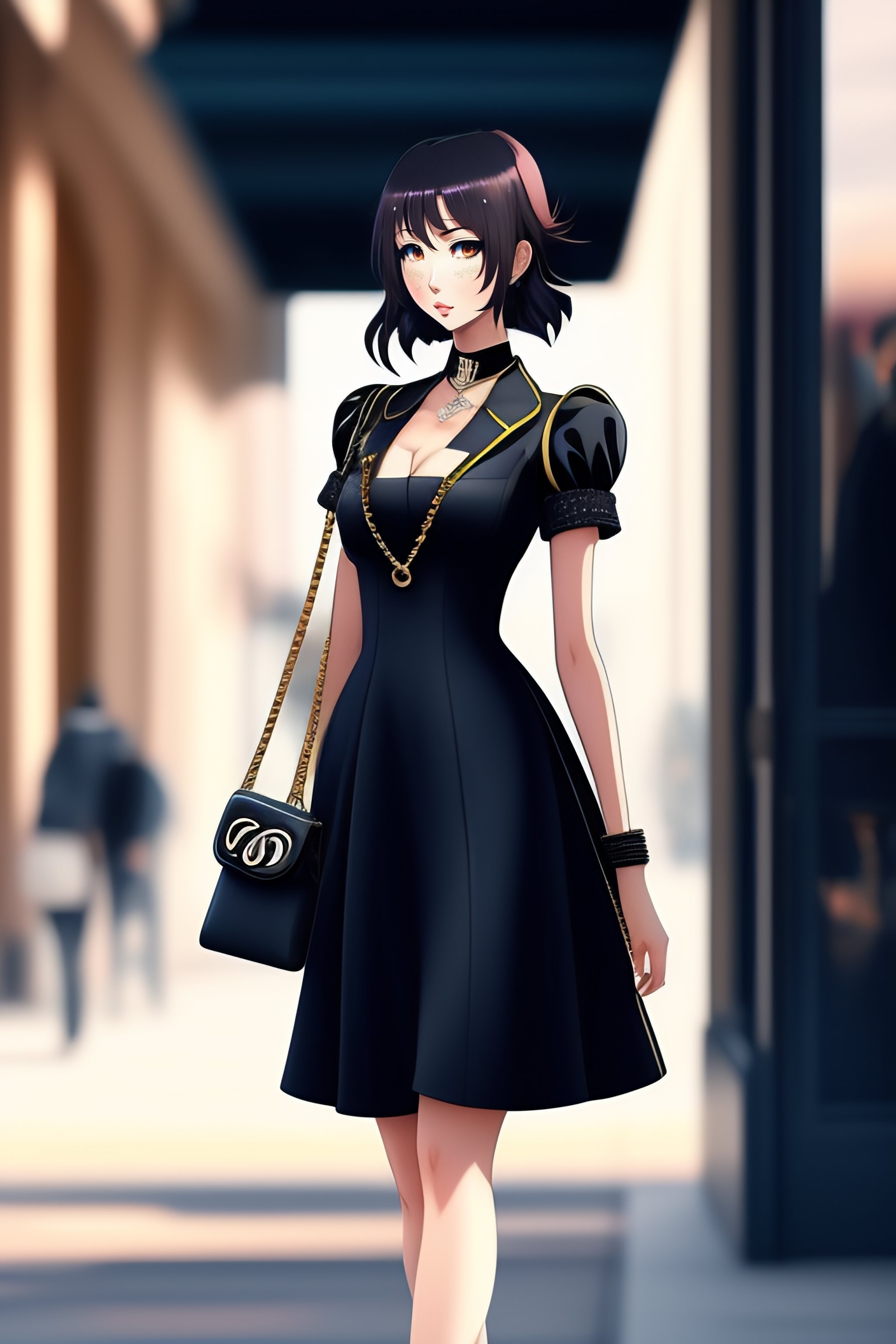 Lexica - Anime cartoon of a woman with a chanel black bag wearing an ...