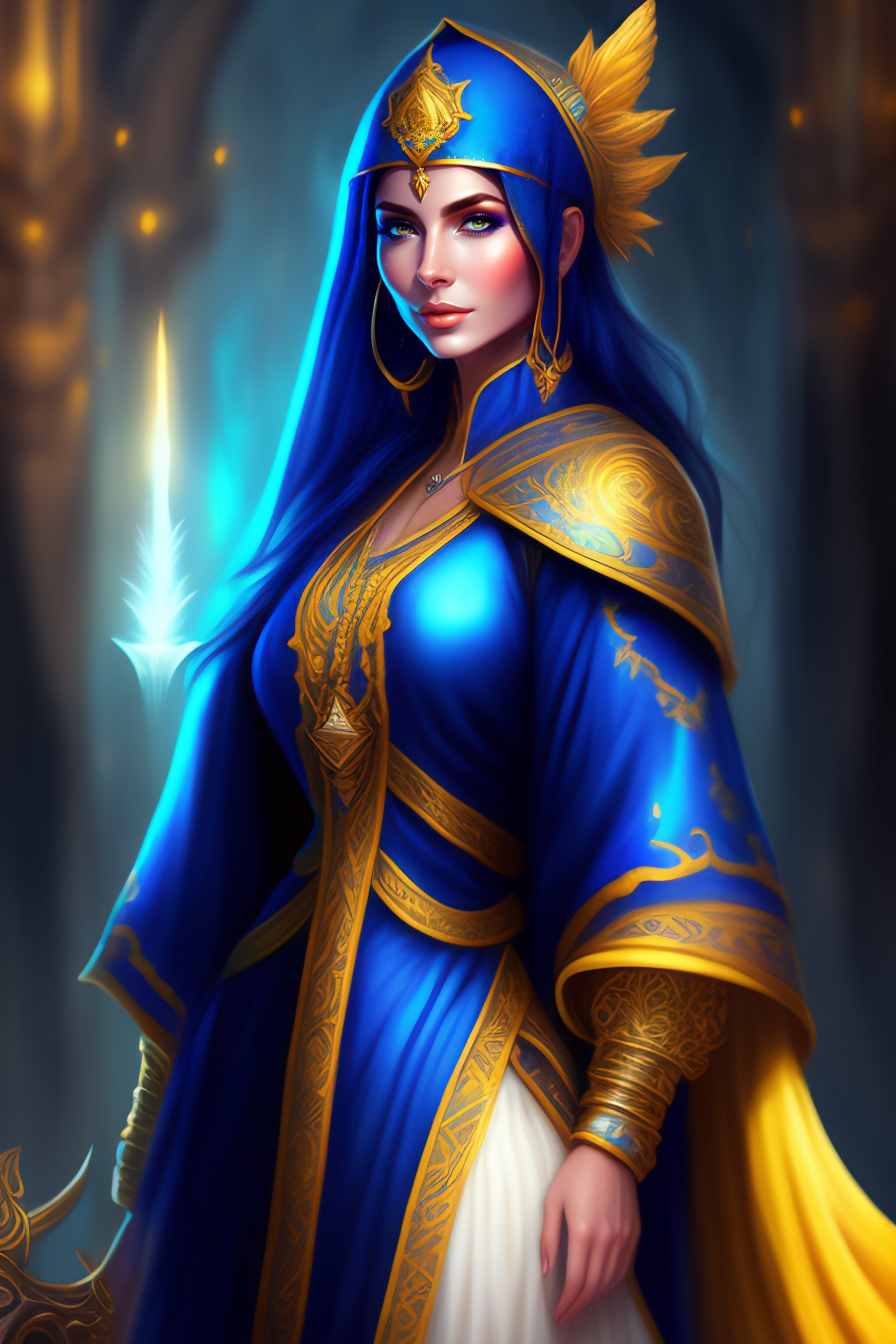 Lexica - Mage ina blue robe, fantasy setting, digital art, yellow auro