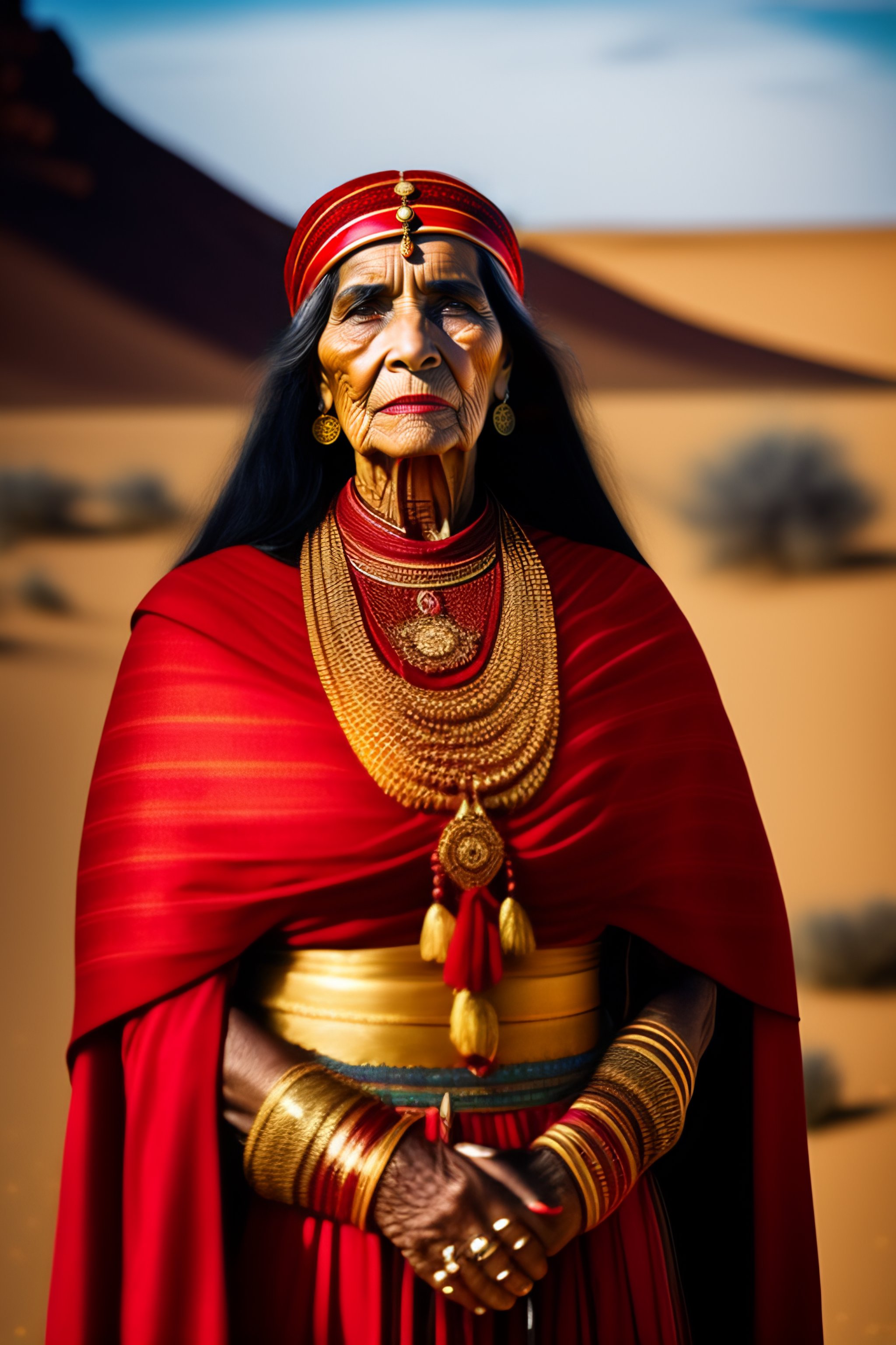 Lexica - Guanche old woman, red and gold clothes, poor