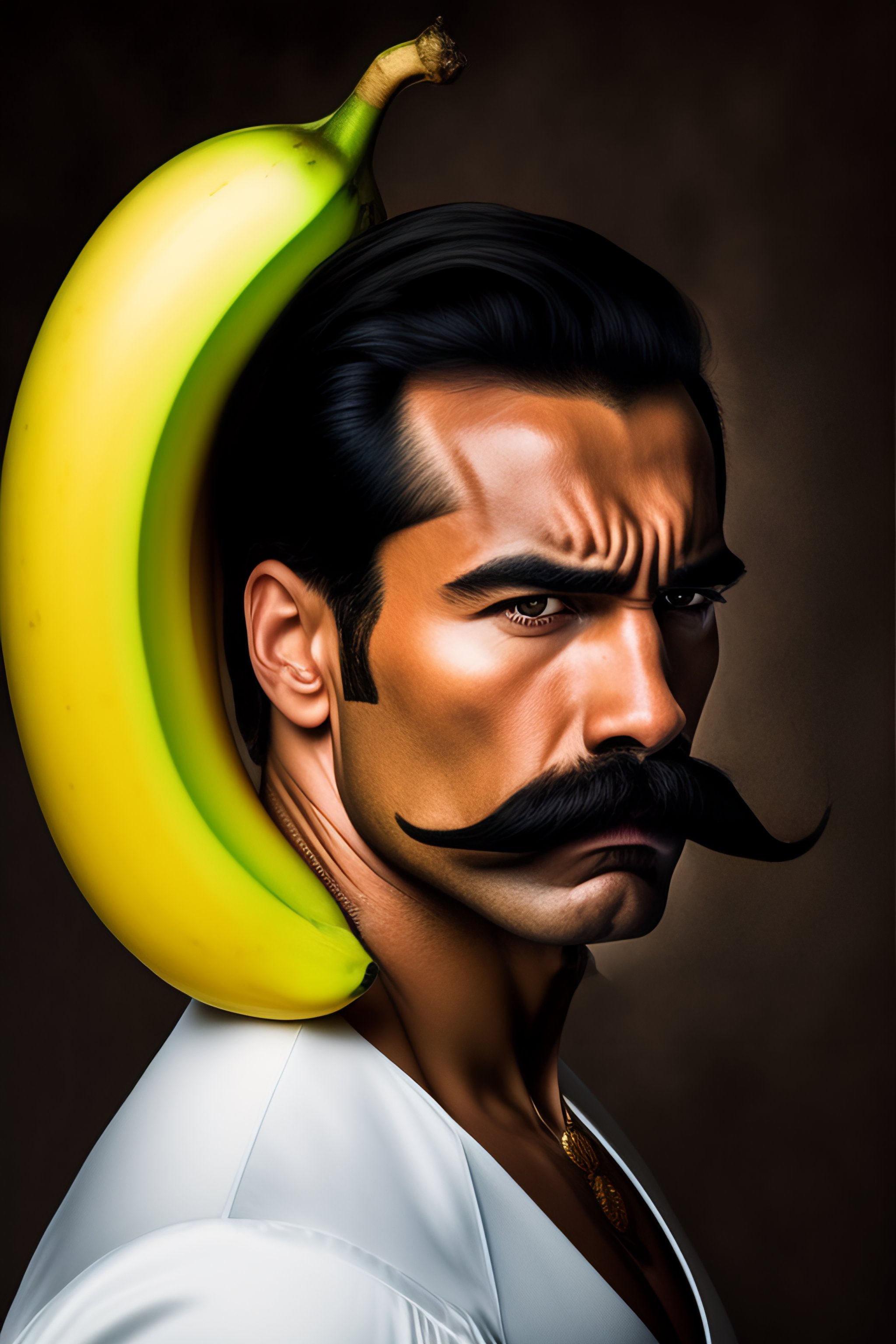 Lexica - Portrait of a man with a mustache looking angry at a banana