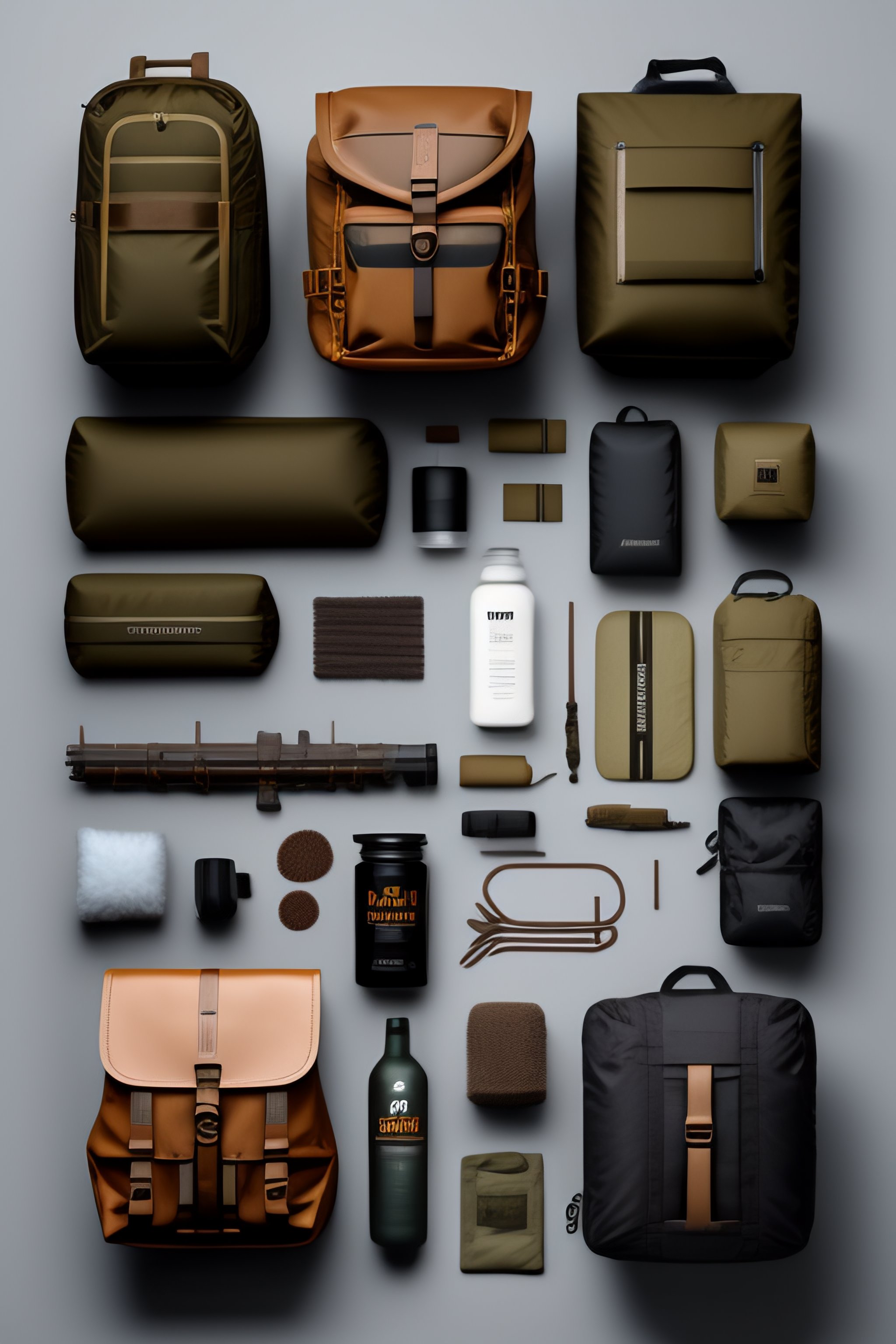 Lexica - Prompt: '[male bags], Knolling, flat lay, Natural materials ...