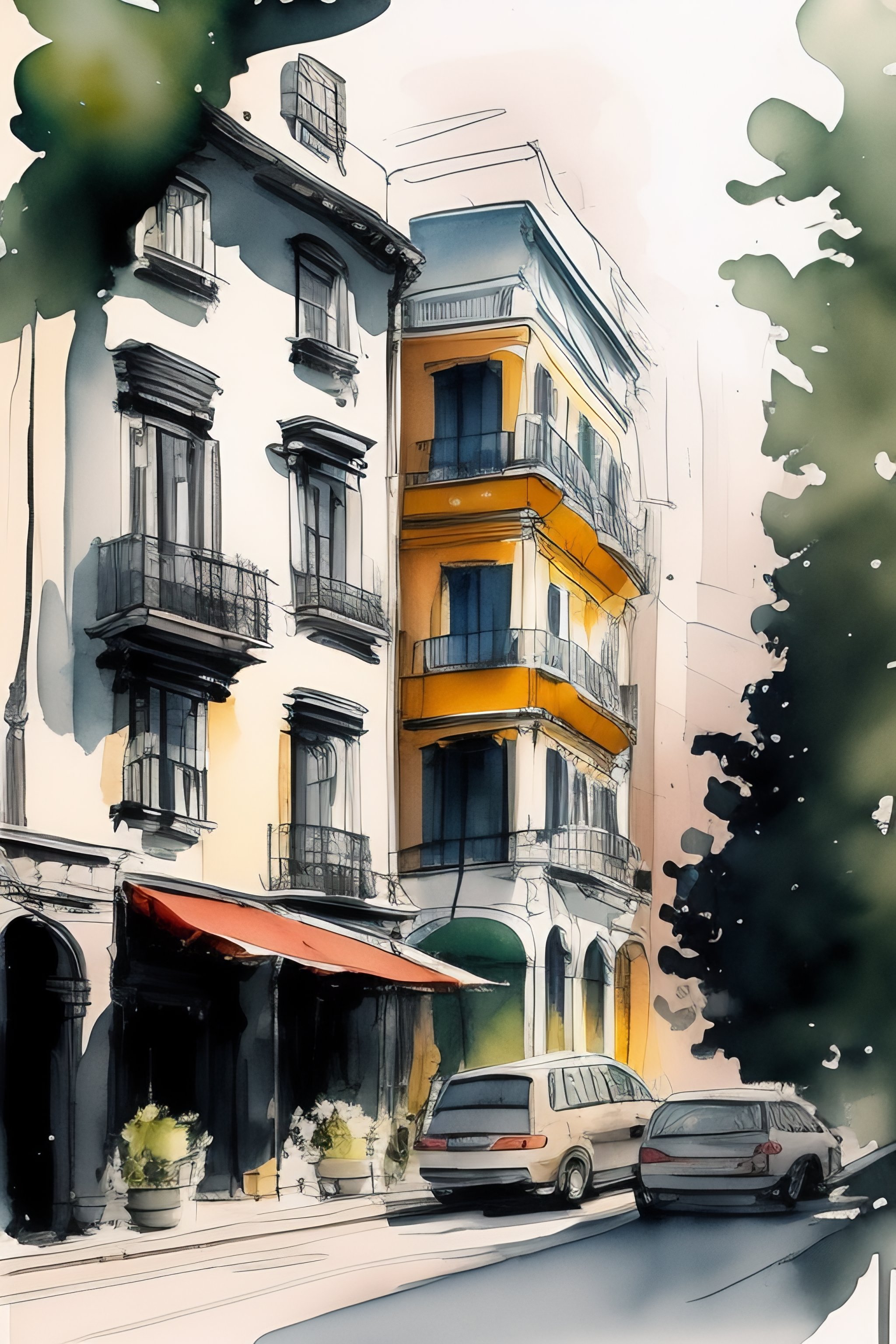 Lexica - A loose ink sketching with watercolors of a modern Athens ...