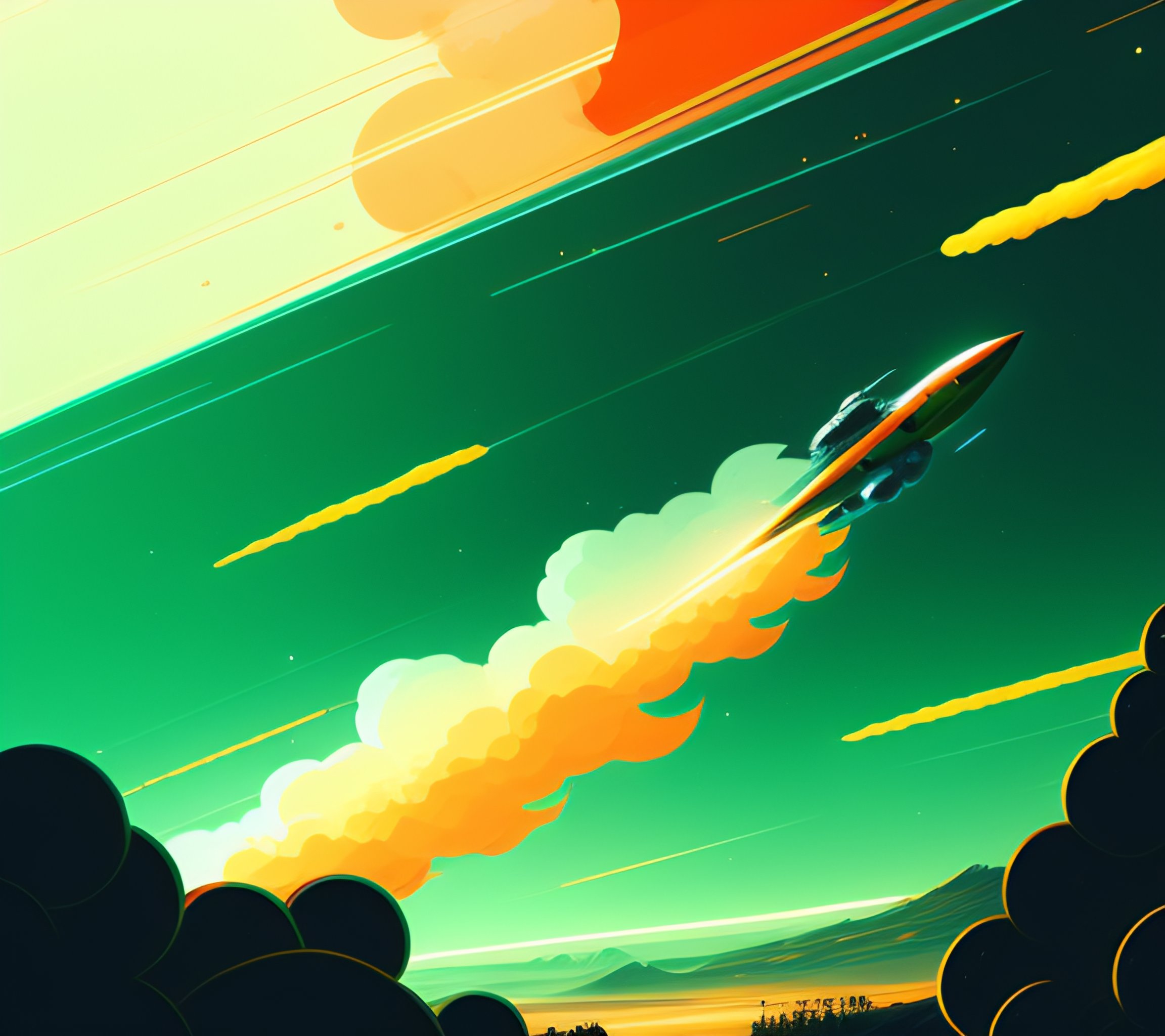 Lexica - Rocket flying through the clouds, style of laurie greasley ...
