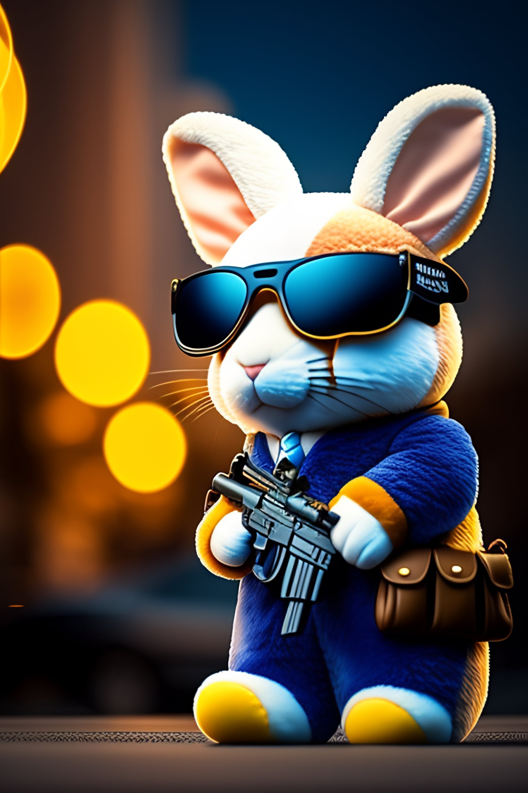 Lexica - Plush rabbit with gun and sunglasses in front of bank robbing ...