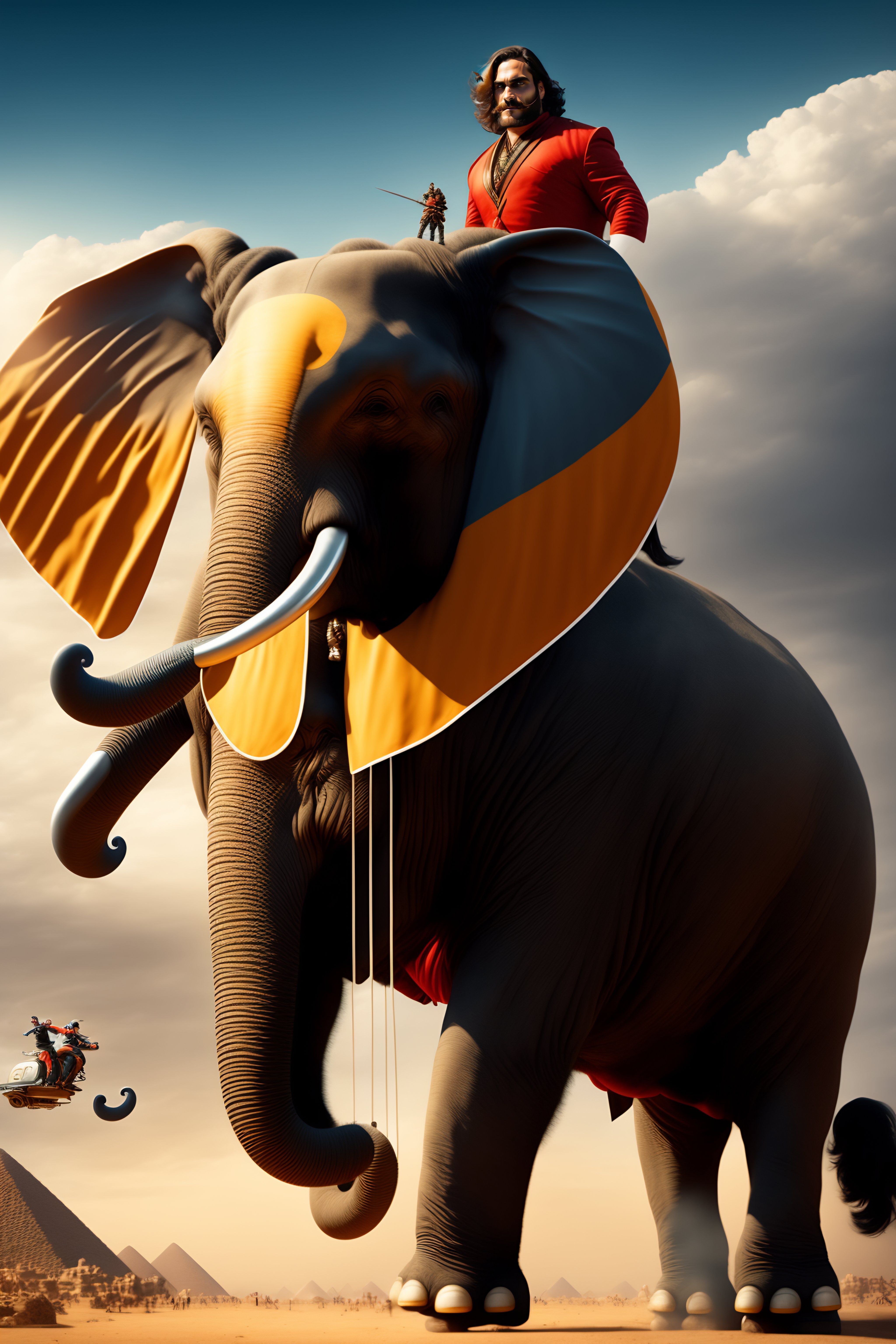 Lexica - Joaquin Phoenix riding a flying elephant above giza city ...