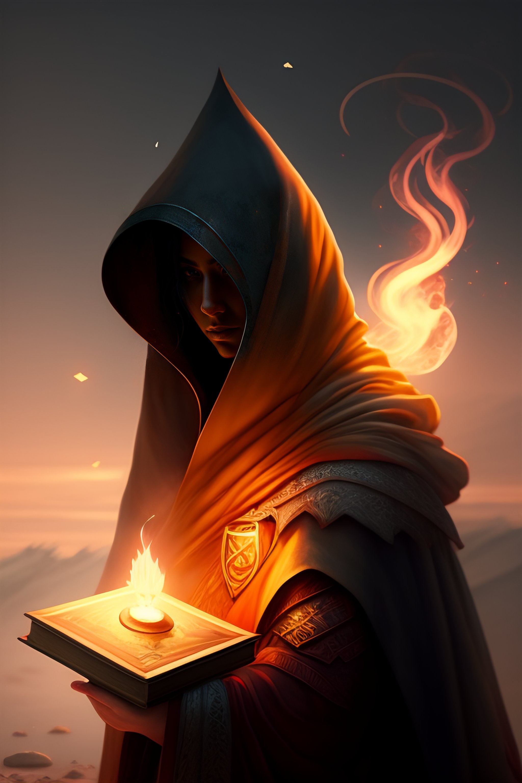 Lexica - Front portrait of a hooded mage holding a tattered magical ...