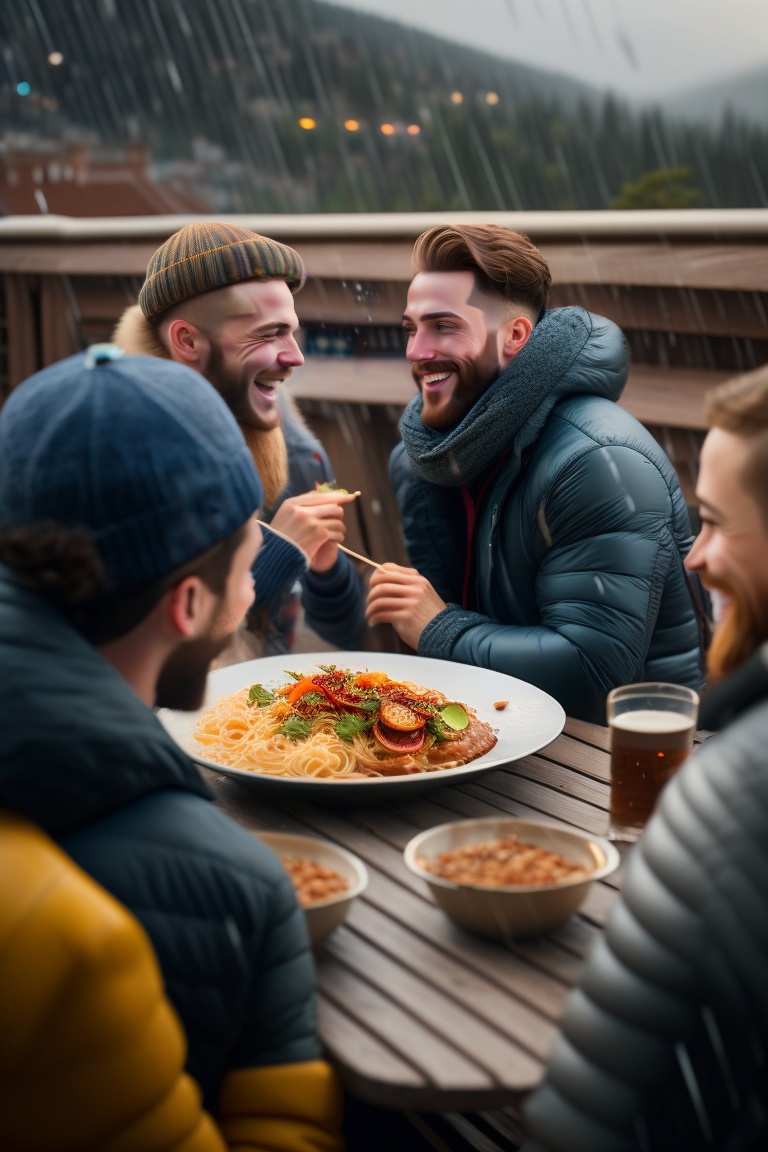 Lexica - A group of friends eating yippee noodles on a table outside in ...