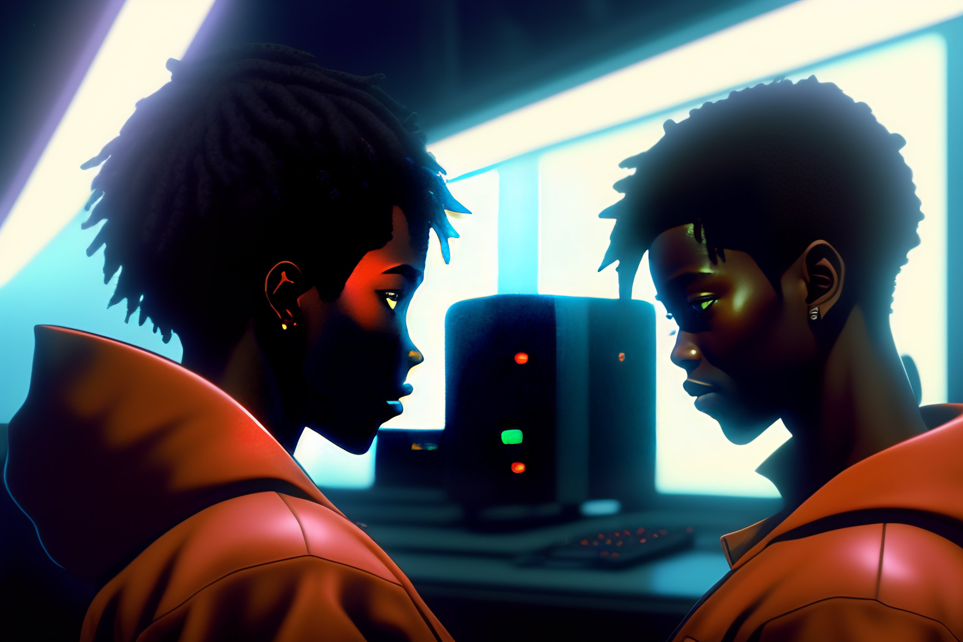 Lexica - Dark skin men, connected to wires, surrounded by futuristic ...