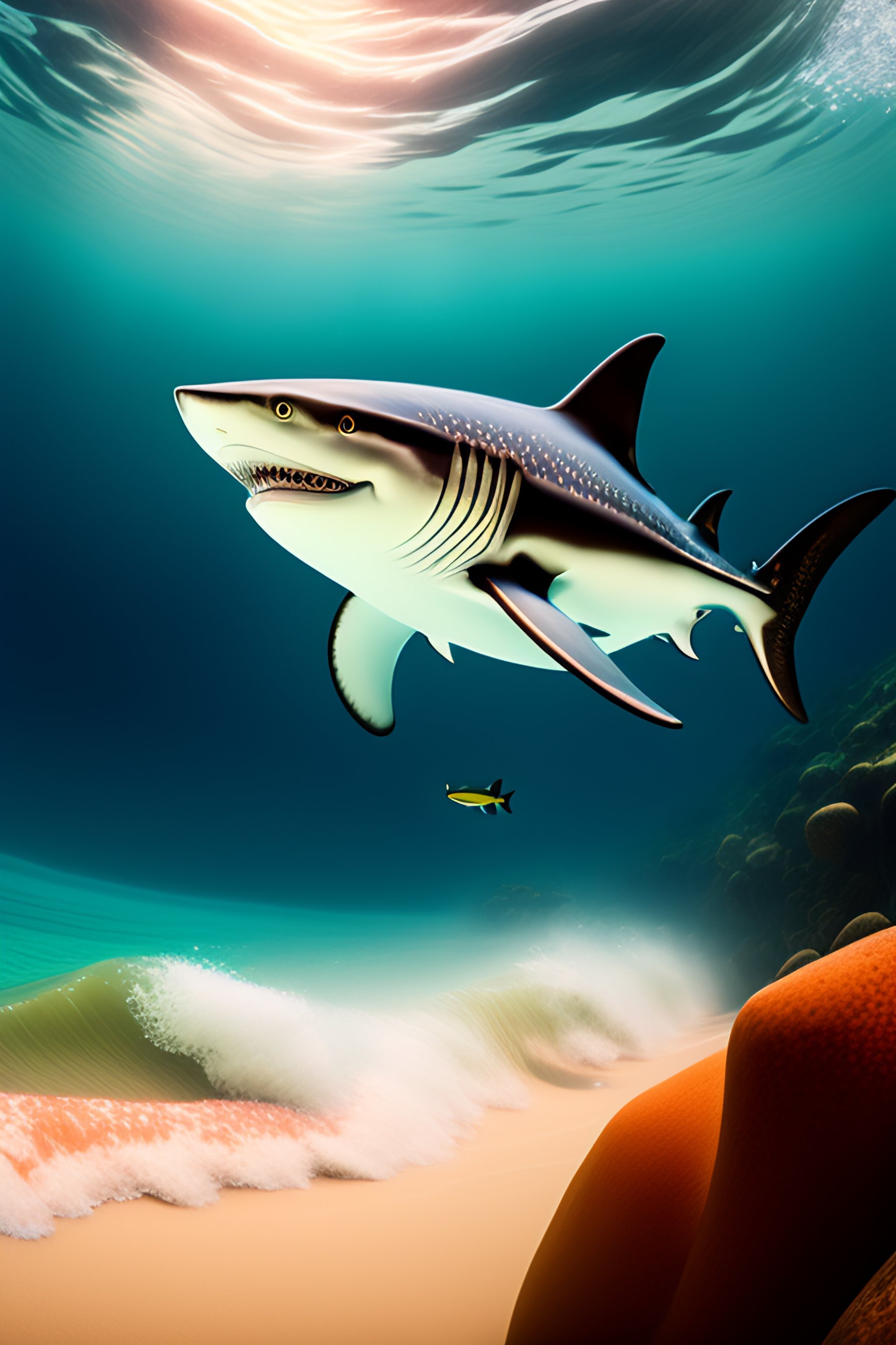 Lexica - A shark surf, quality photography by wes anderson, sharp focus ...