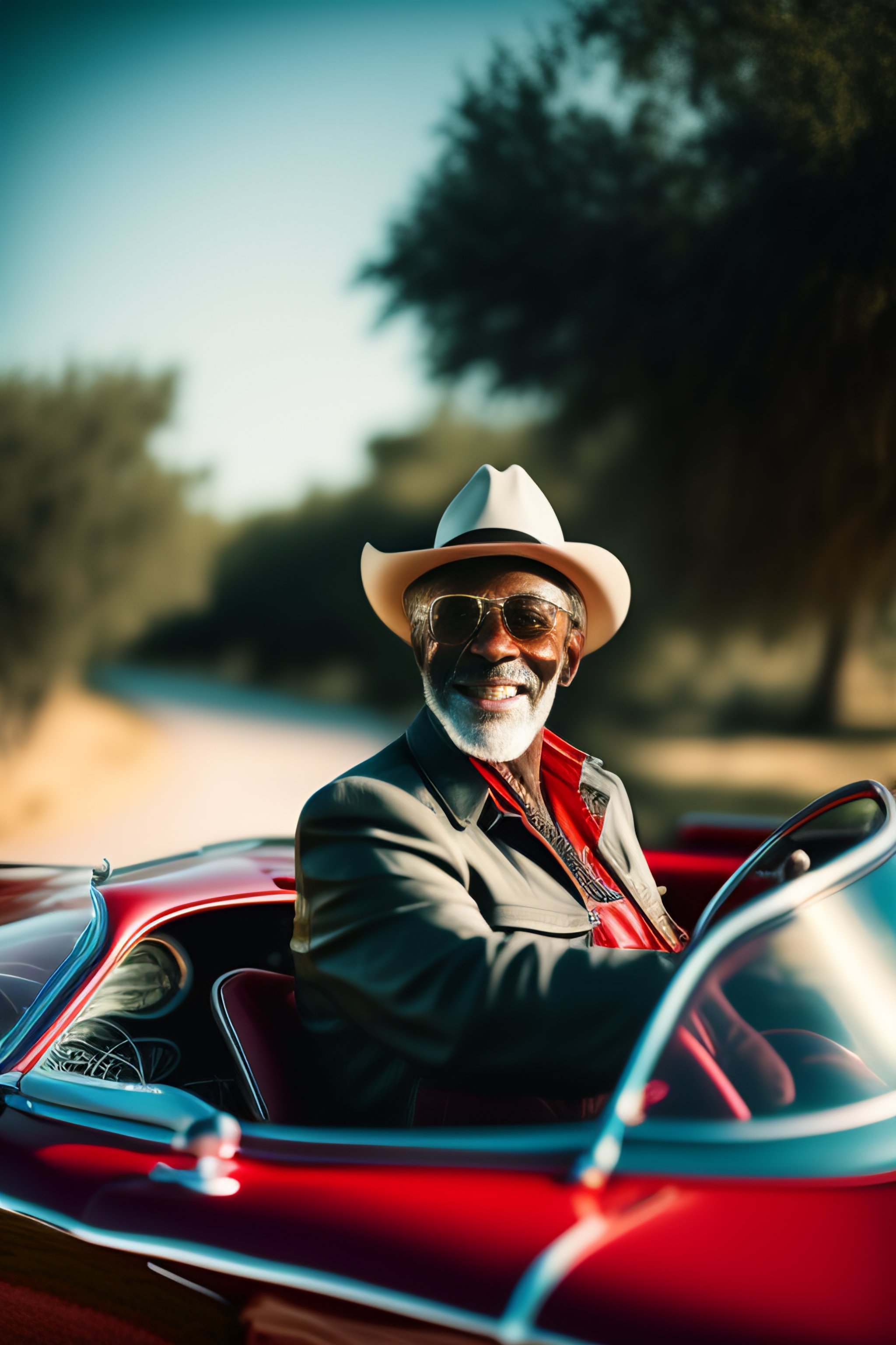 Lexica - Old bald black man with a grey beard, driving a red 1960 ...