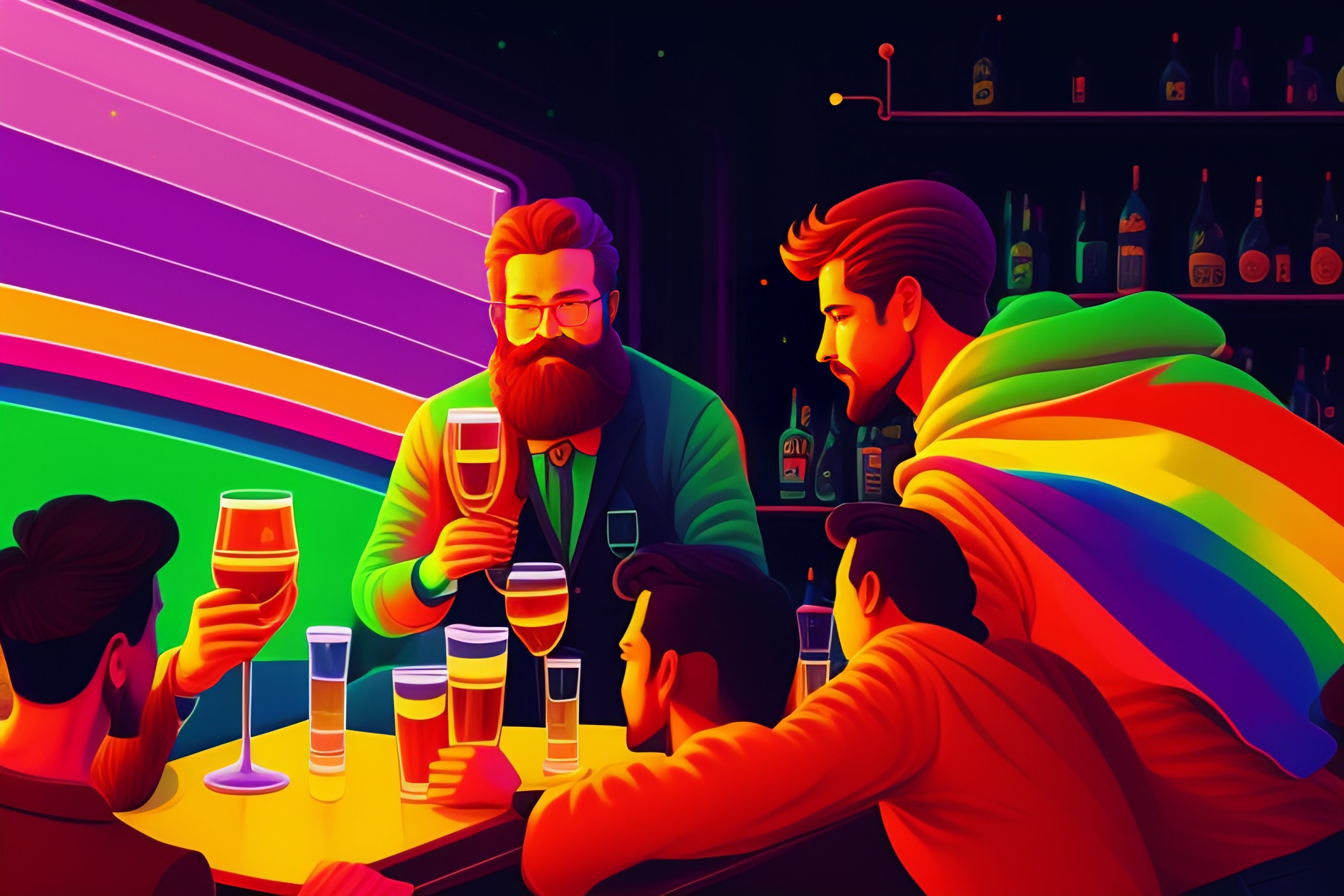 Lexica - Friends cheer with beer in a bar, rainbow colors, gay ...