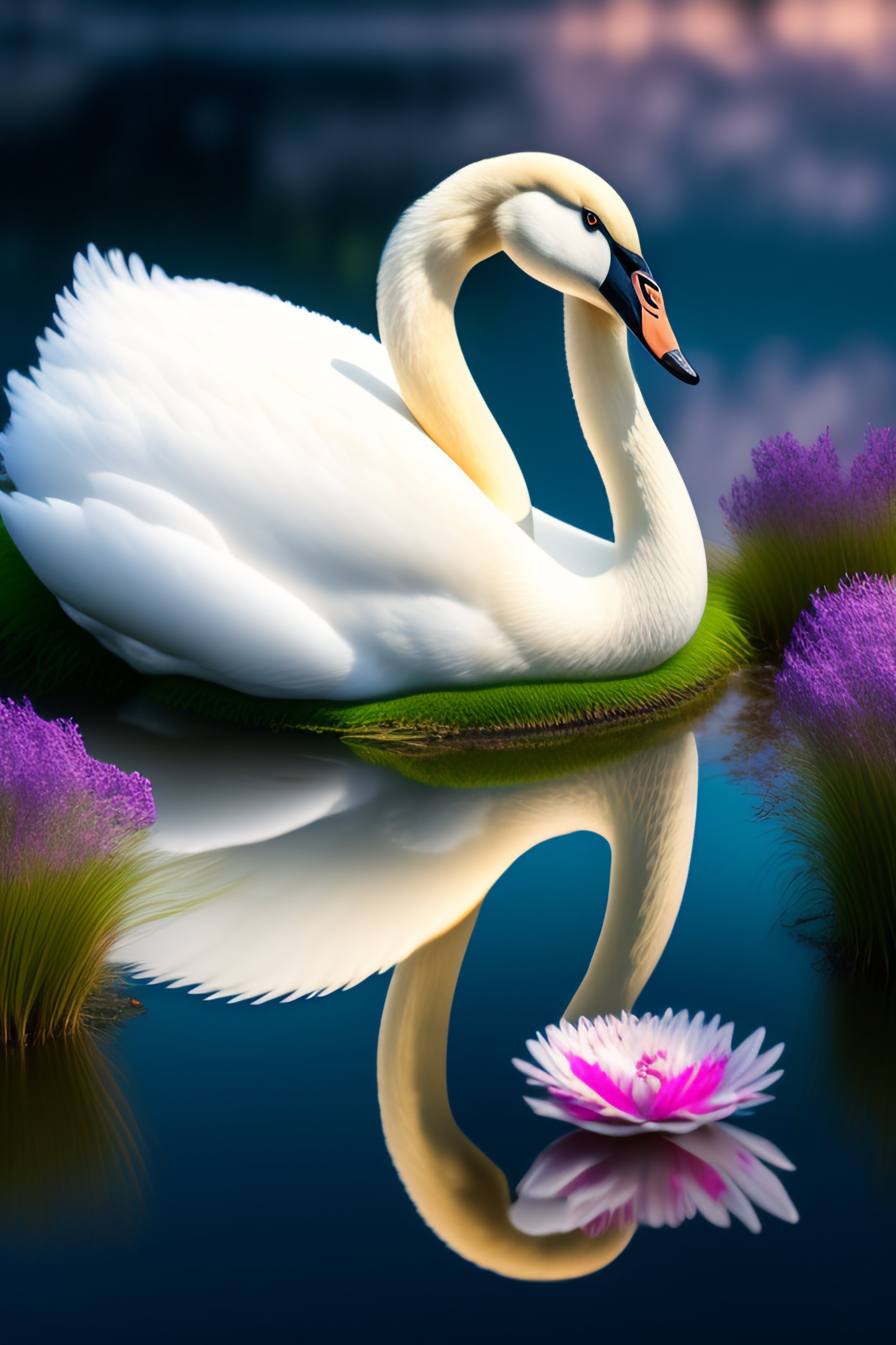 Lexica - Beautiful white swan,fluffy feathers, pond , flowers