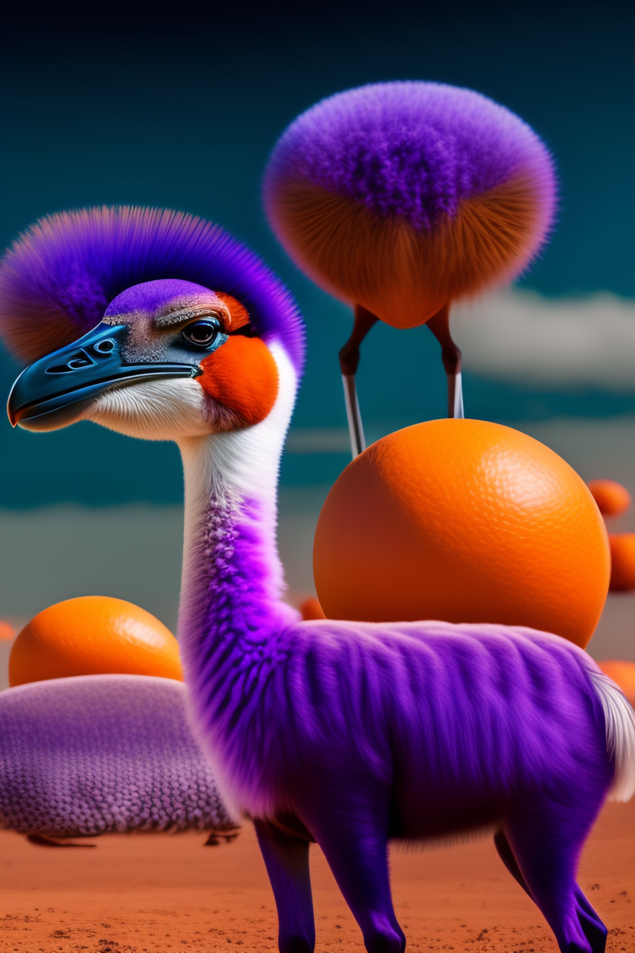 Lexica - Purple ostriches sending orange bitcoin over the lightning network to bitcoin twitter