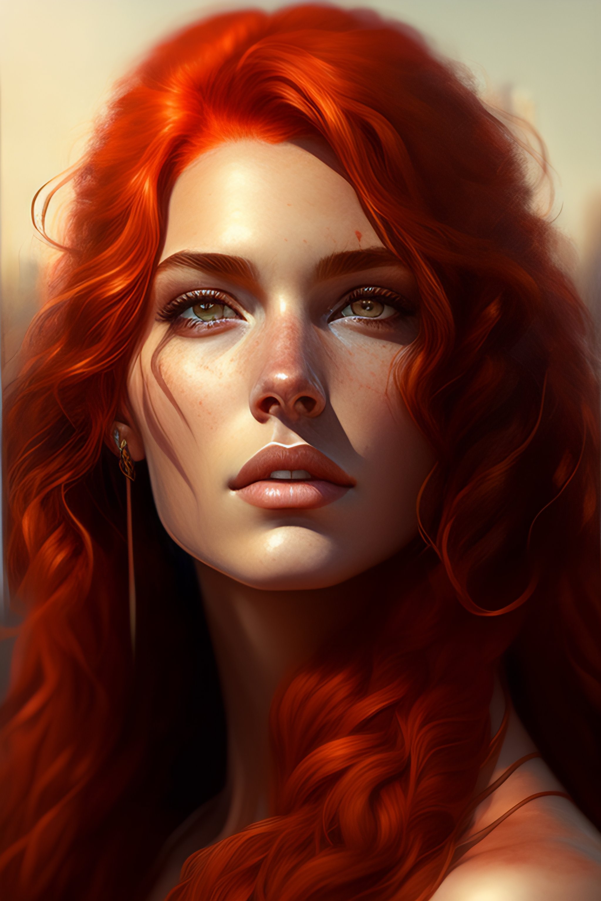 Lexica - Portrait of a red hair god, copper wires, visible scars and ...