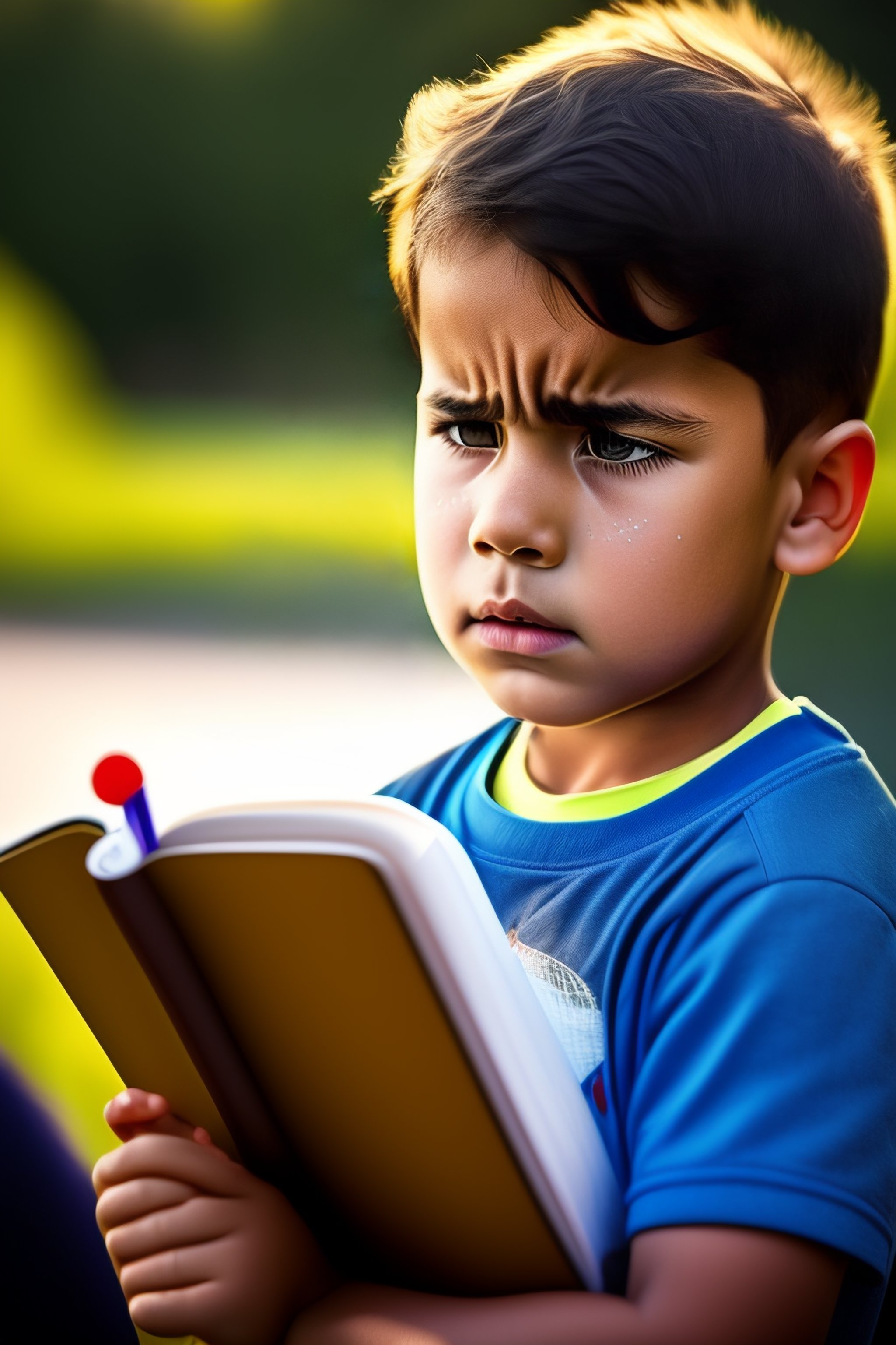 Lexica - A child holding a notebook with tears in his eyes