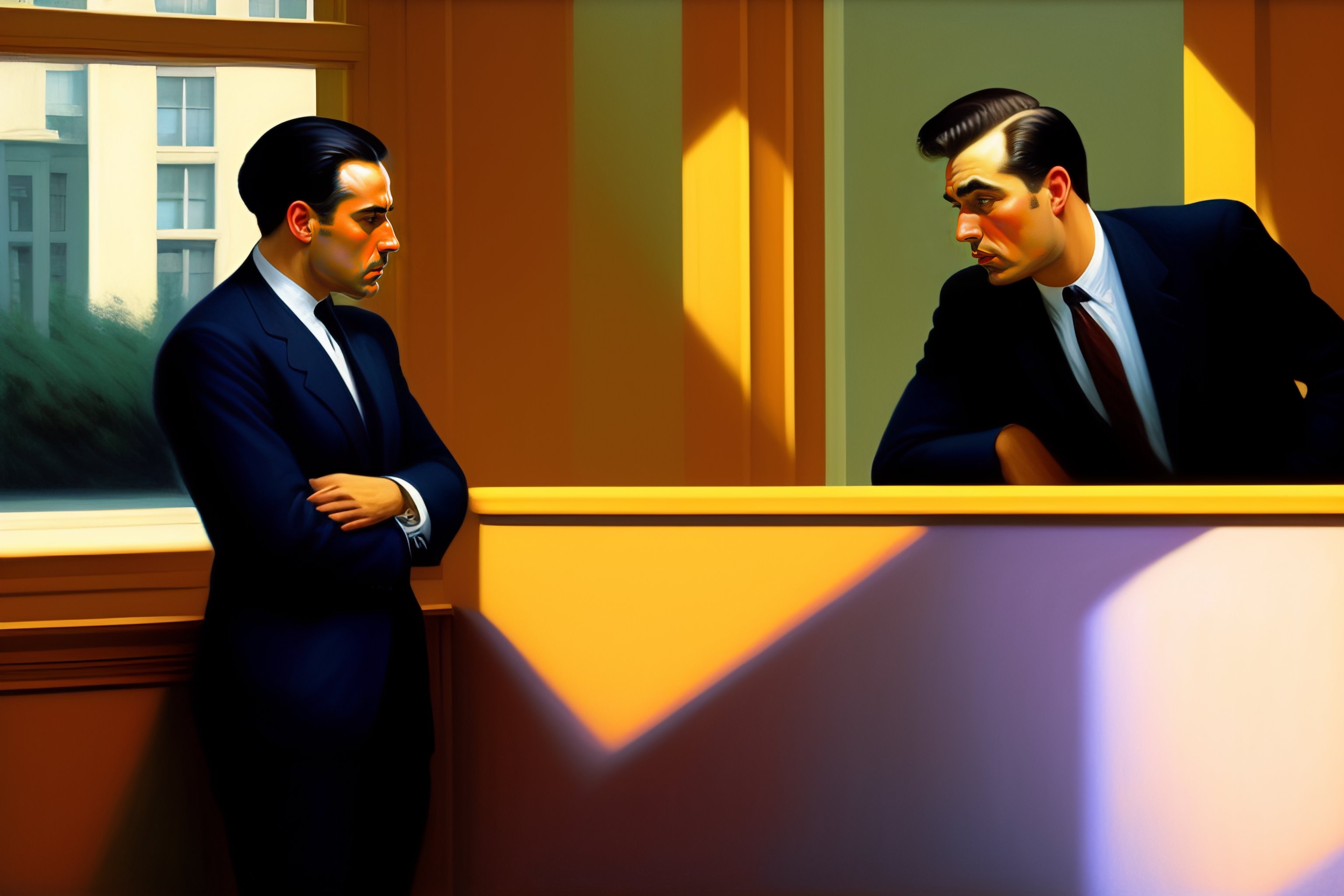 Lexica - Two arguing men, in an office, in the painting style of Edward ...